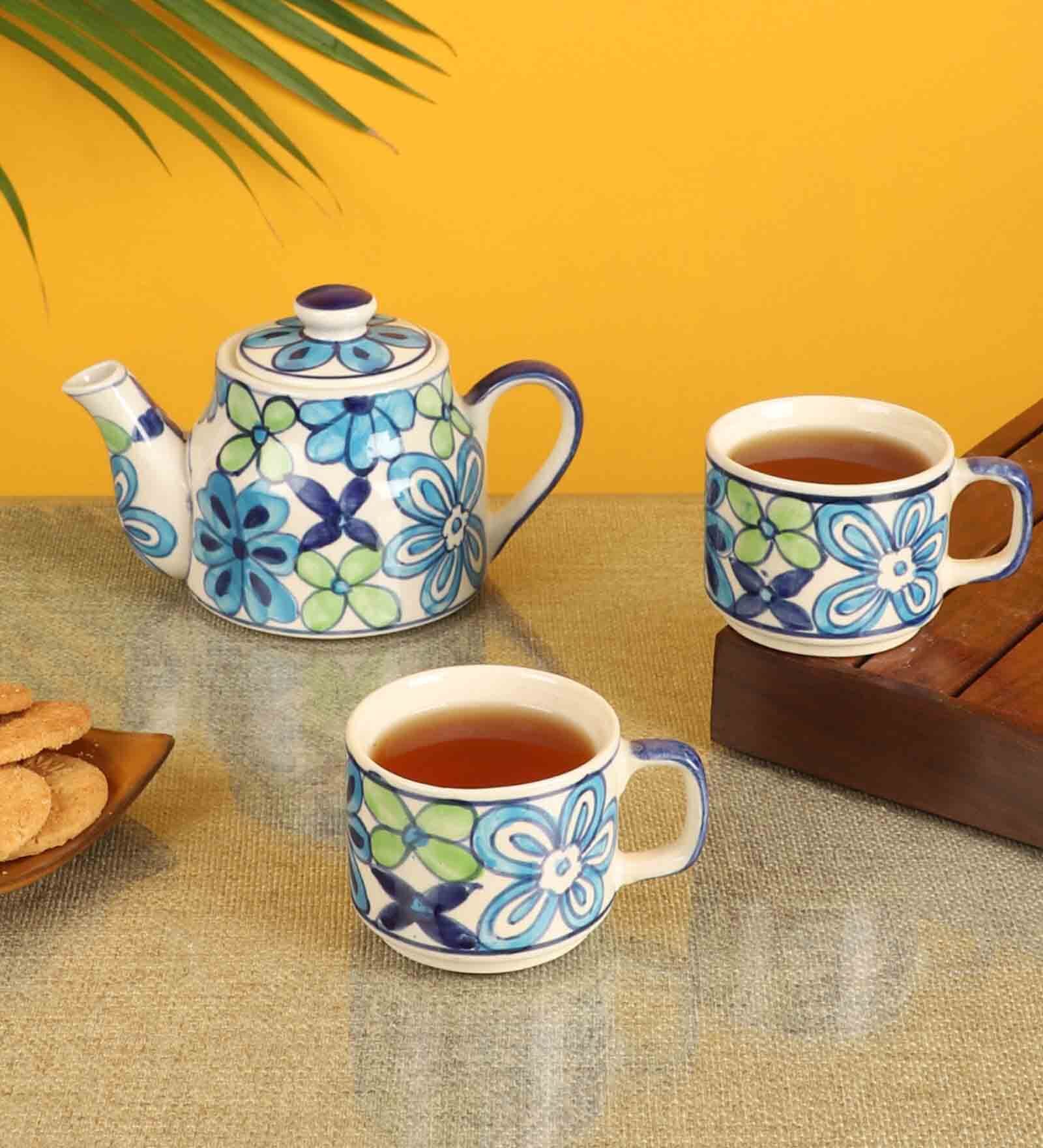 Buy Electric Floral Blue & White Ceramic (Set of 3) Teaware Set at 23% ...
