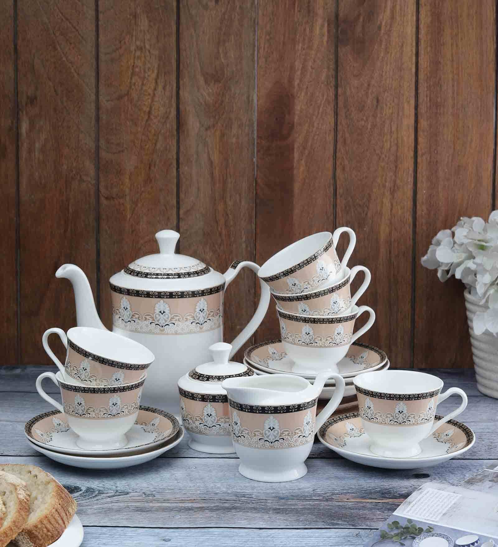 Buy Elegant Flora Print White & Brown Ceramic (Set of 15) Teaware Set ...
