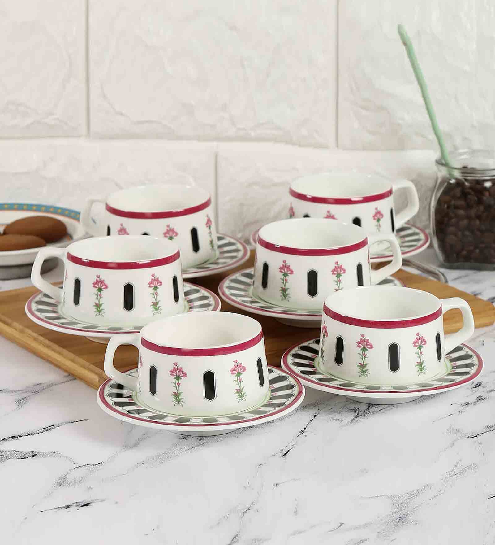 Buy Elegant 210ml Multicolour Ceramic (Set of 12) Tea Cup & Saucer Set ...