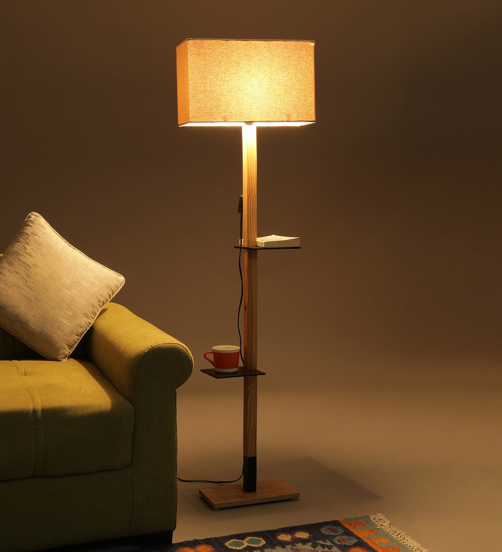 Buy Hudson Beige Cotton Shade Shelf Floor Lamp With Wood Base By Sanded ...