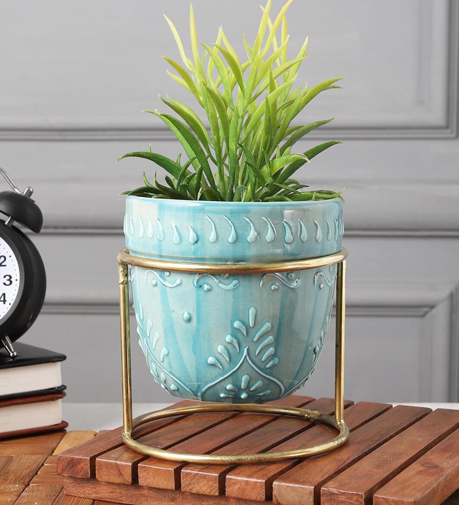 Buy Embossed Blue Stoneware Planter with Stand at 46% OFF by Miah Decor ...