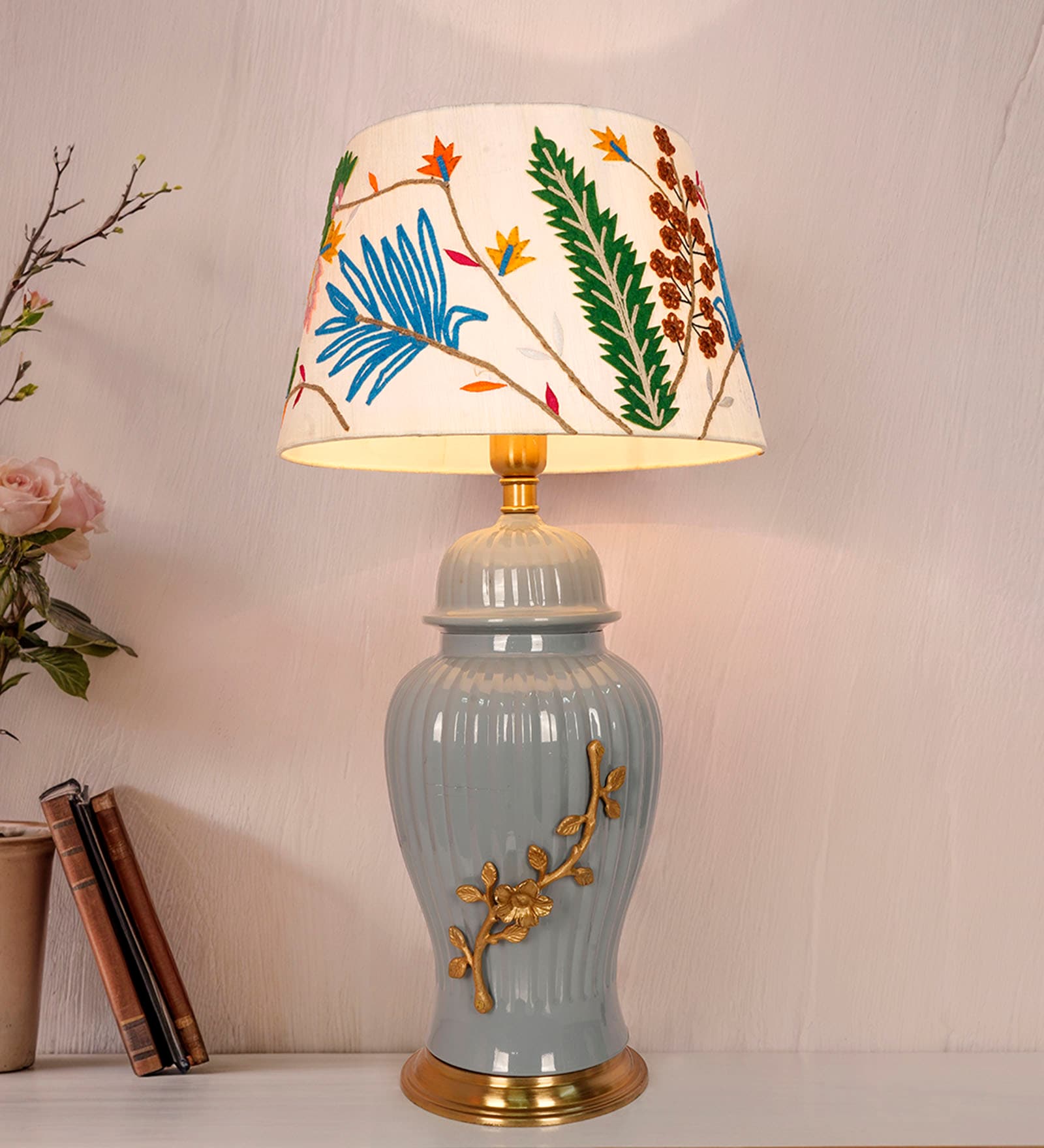 Buy Embroidered Grey Fluted Table Lamp with Golden Tree Branch at 5% ...