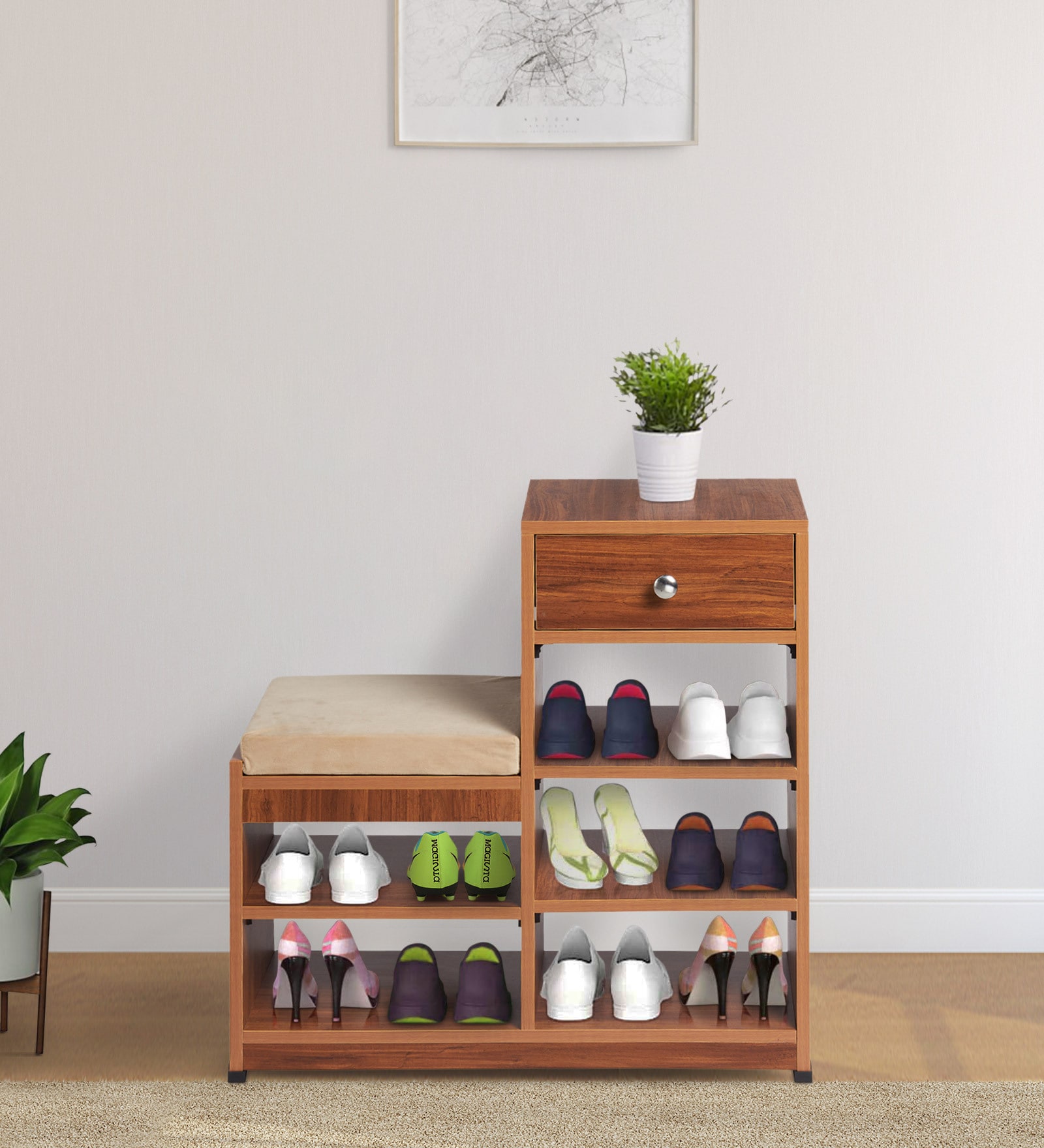 Buy Emrys Shoe Rack with Seating & Drawer Storage in Teak Finish at 45% ...