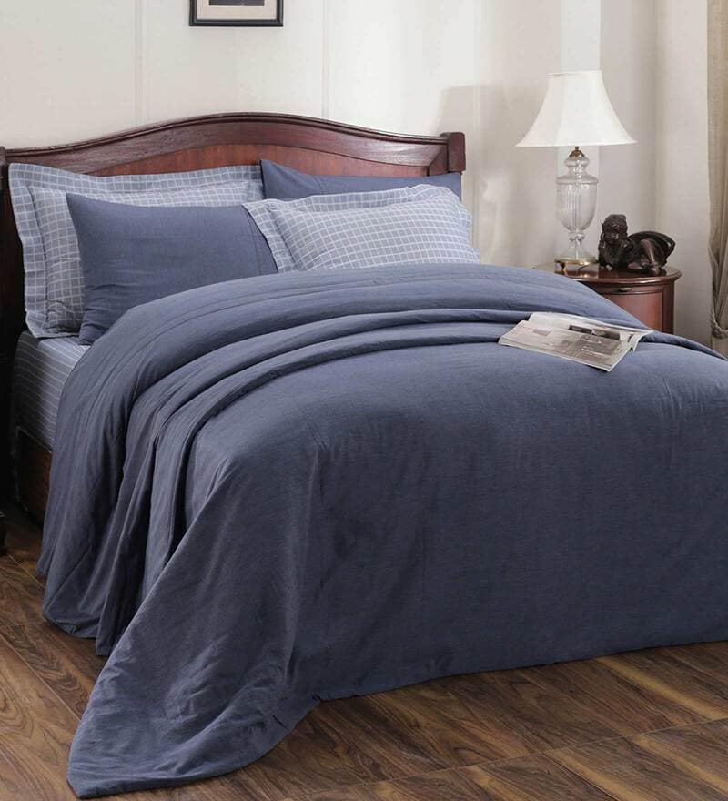 Buy Emmie Blue 100% Cotton Double Bed Duvet Cover With 2 Pillow Covers ...