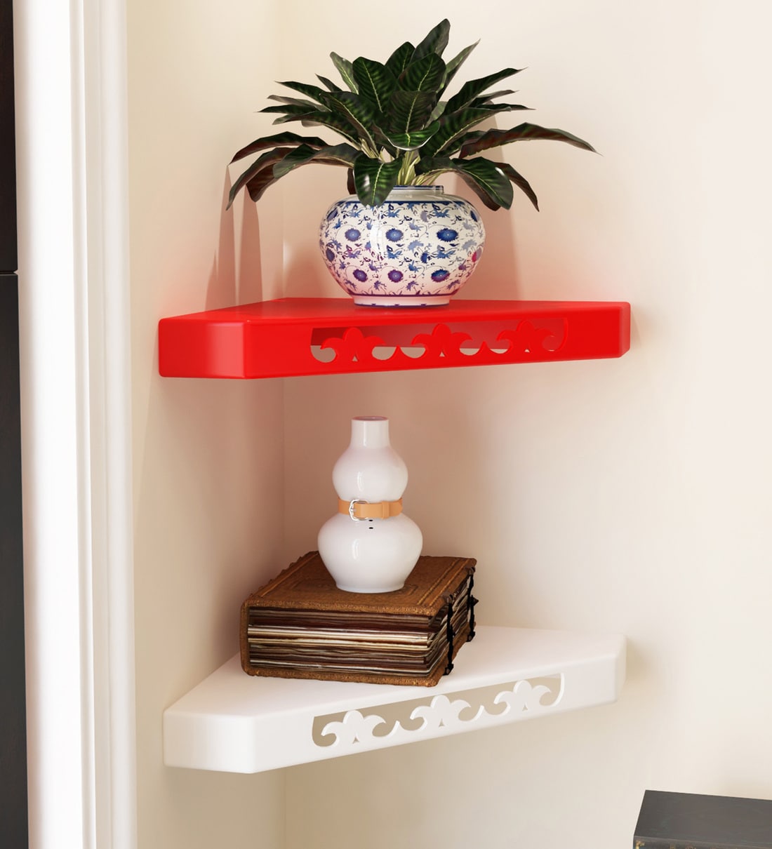 Buy Set of 2 Engineered Wood Corner Wall Shelf in Red Colour by Home ...