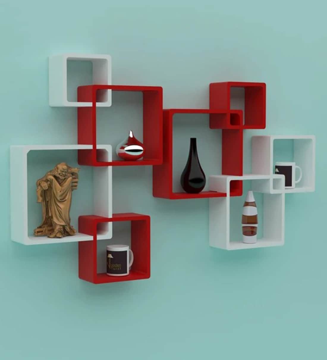 Buy Engineered Wood intersecting Wall Shelf in Red Colour By Wooden ...