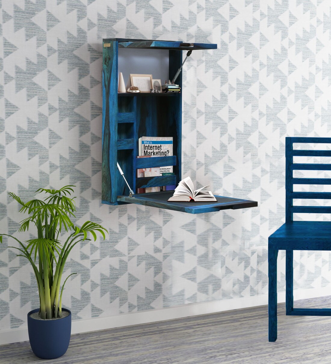 Buy Enkel Solid Wood Wall Mounted Writing Table in Ocean Blue Finish By ...