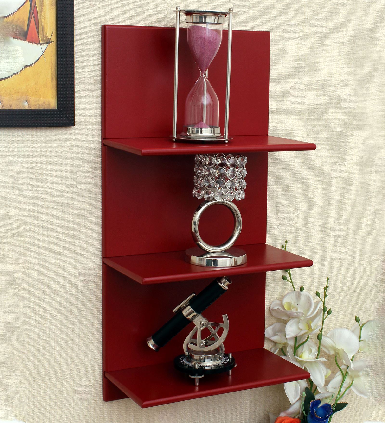 Buy Engineered Wood 3 Tier Floating Wall Shelf in Red Colour by Home ...