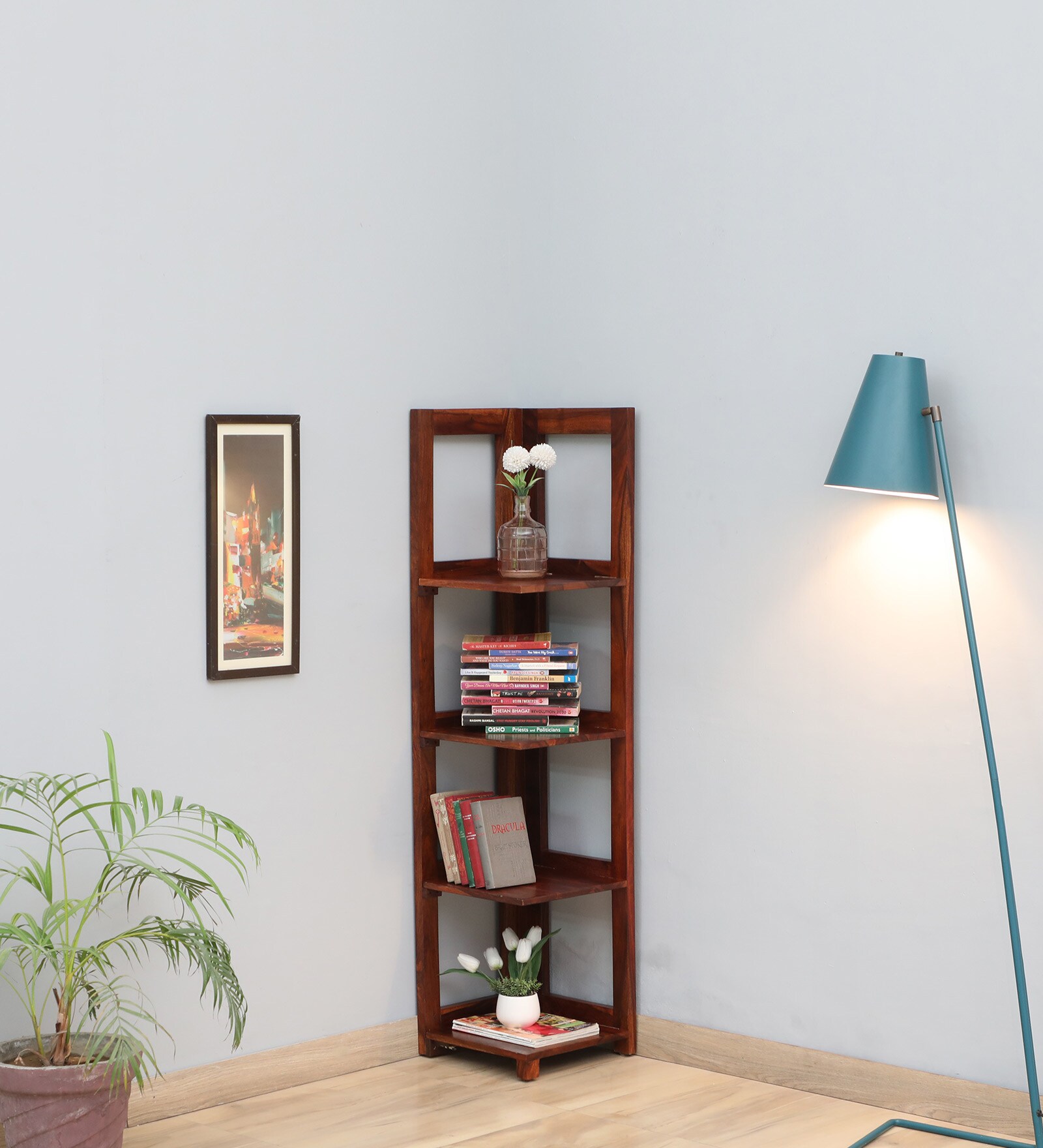 Buy Enkel Sheesham Wood Corner Book Shelf in Scratch Resistant Honey ...