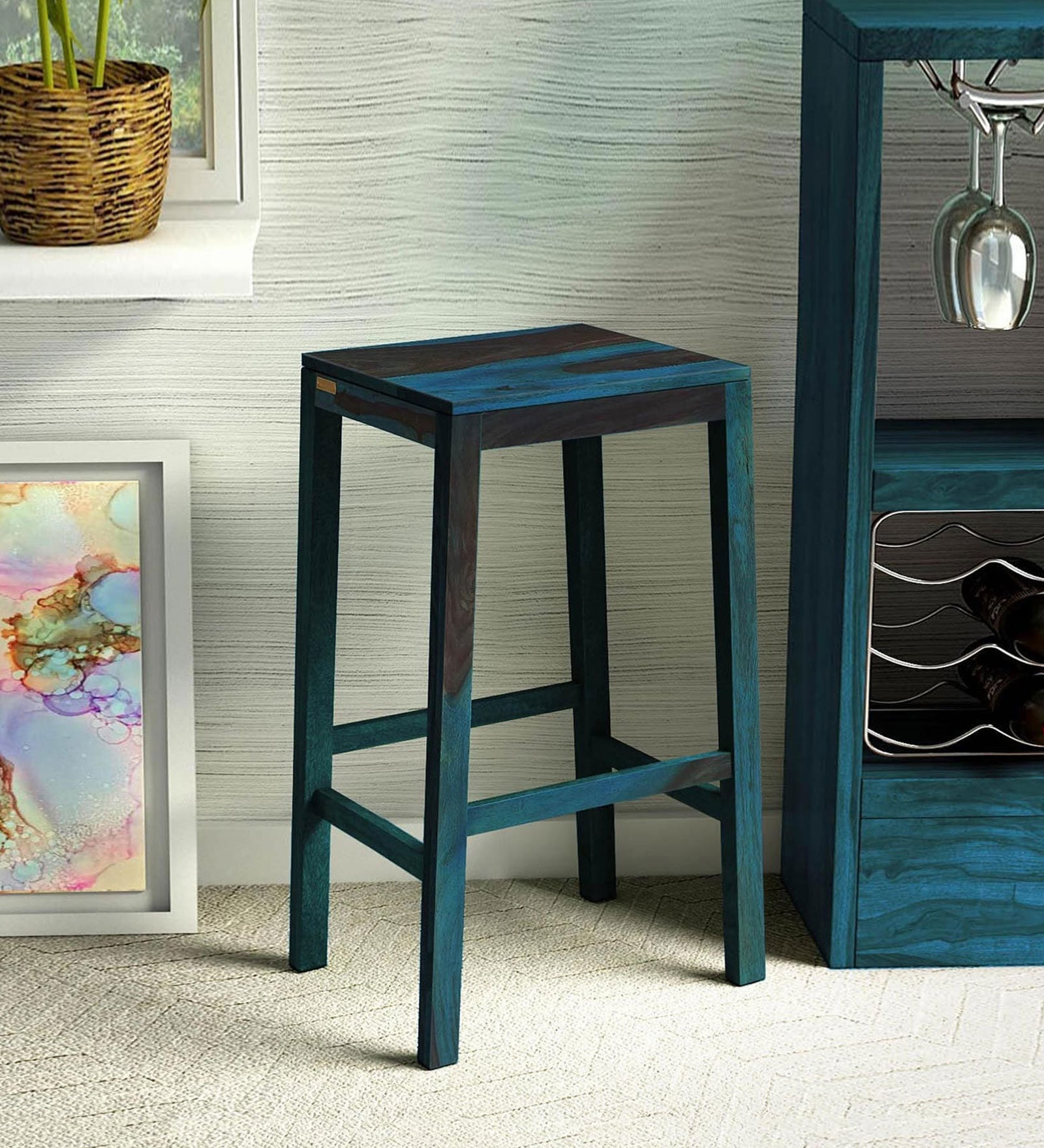 Buy Enkel Solid Wood Bar Stool in Ocean Blue Finish at 1% OFF by ...