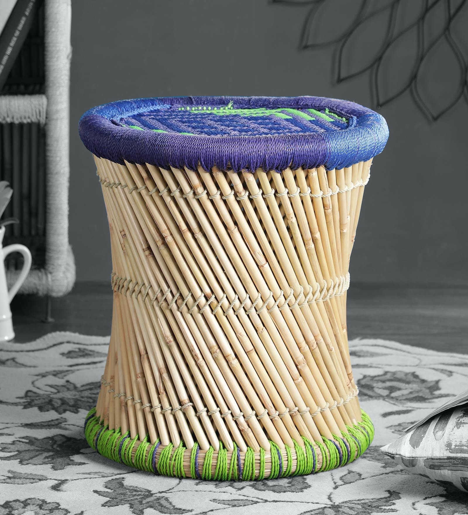 Buy Ethnic Wicker Seating Stool in Blue & Natural Finish at 31% OFF by ...