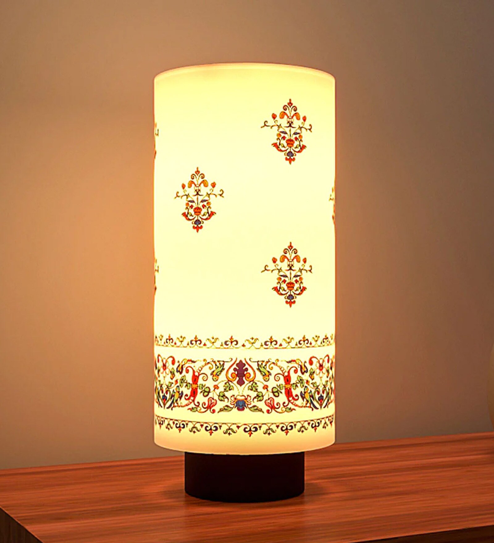 Buy Ethnic Printed Soft Glow Round Multicolour Iron & Canvas Table Lamp ...