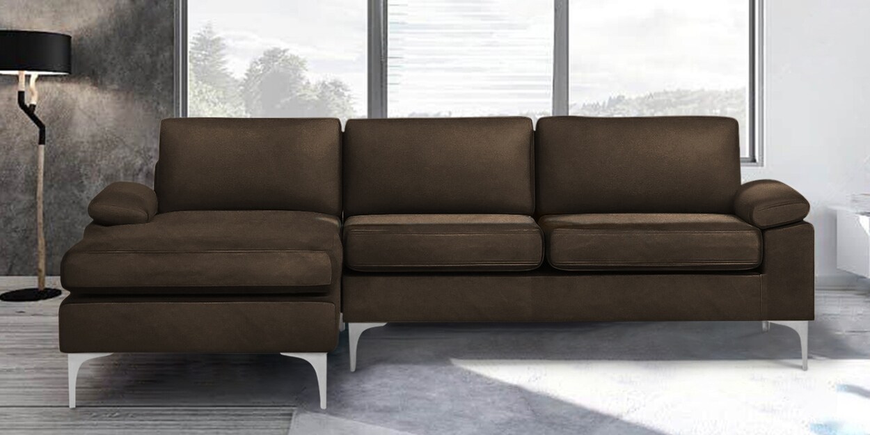 Buy Everett Velvet RHS Sectional Sofa With Lounger In Brown Colour at ...