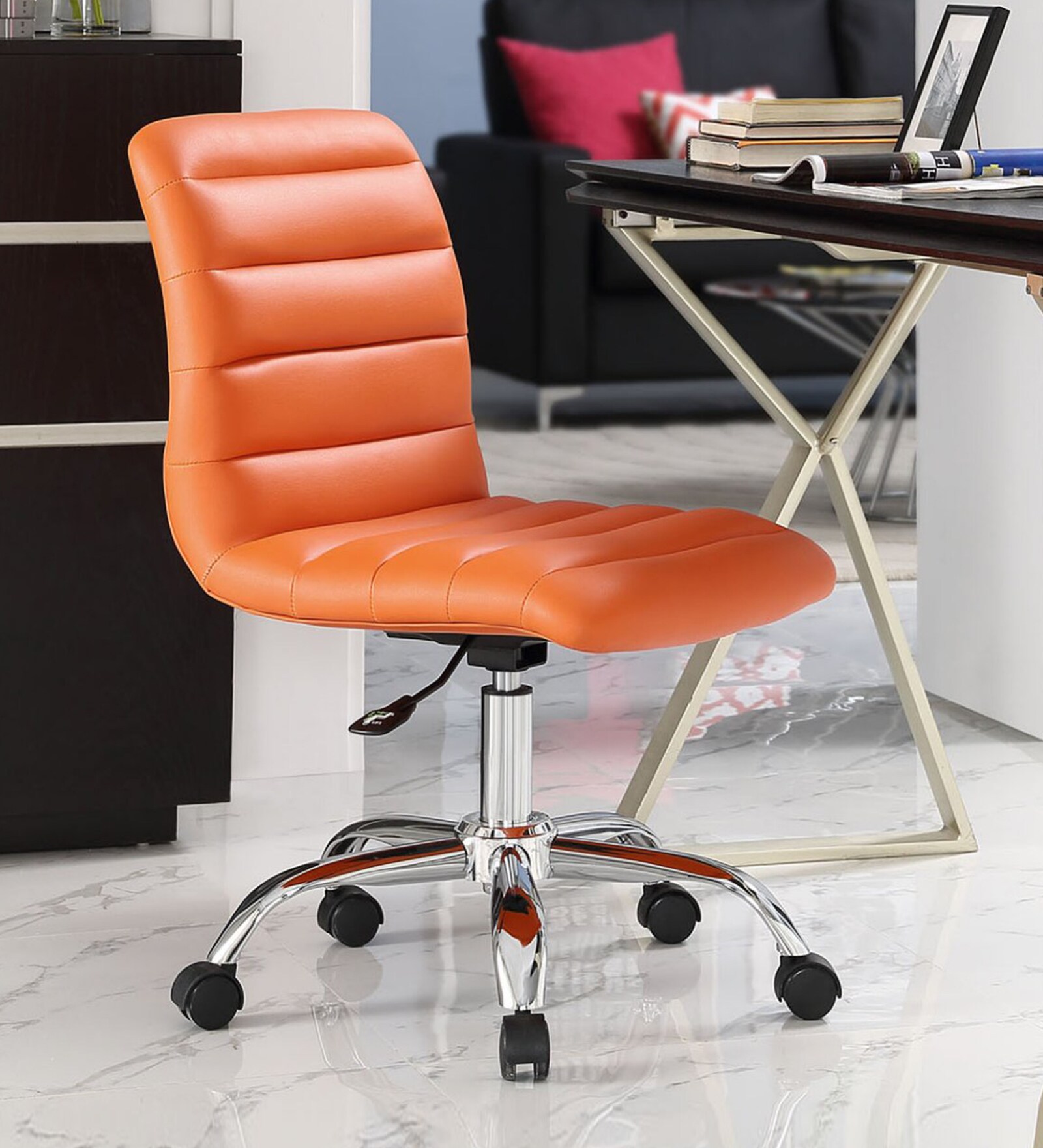 Buy Eva Leatherette Guest Chair in Orange Colour with Revolving Base at ...