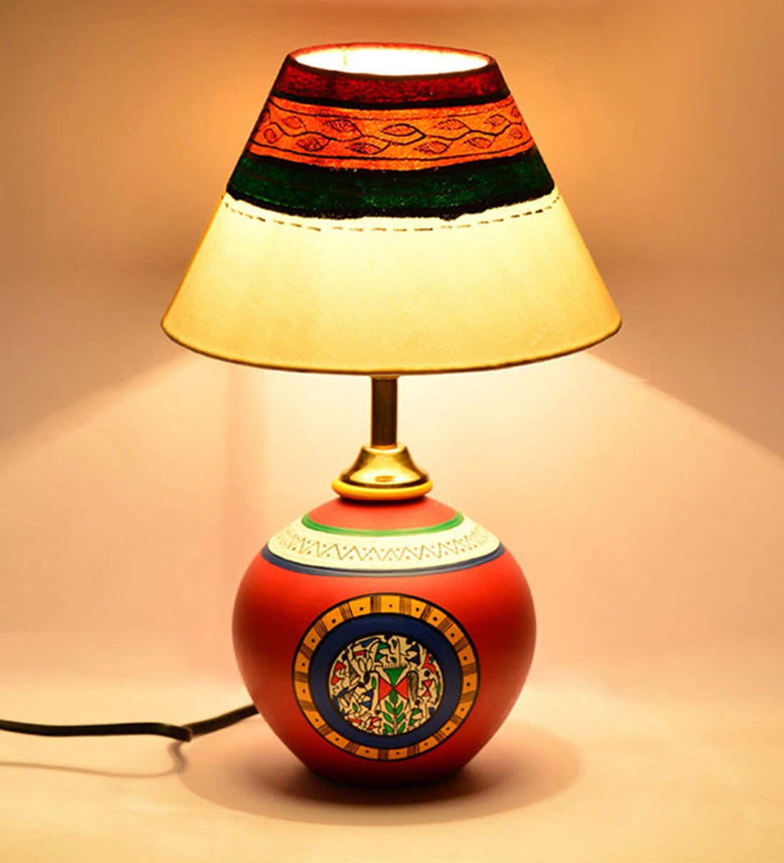 Buy Red Terracotta Handpainted Warli Matki Table Lamp By Exclusivelane ...