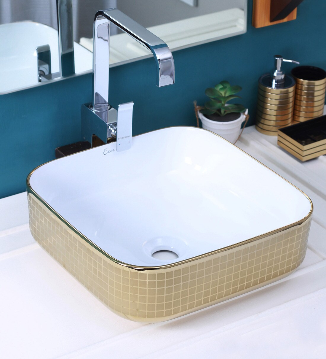 Buy Ceramic Square Shape Golden Counter Top Wash Basin (H: 5.5, W: 15.5 ...