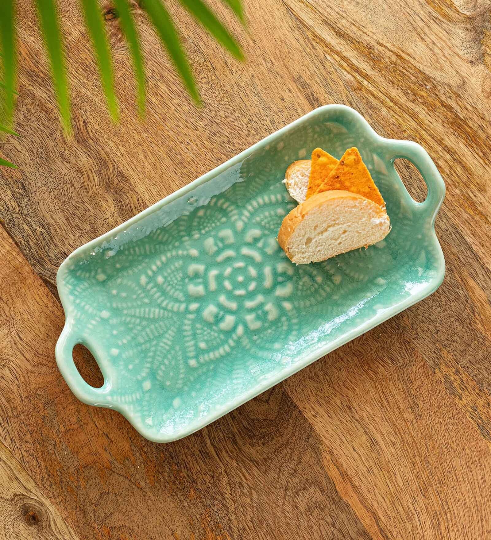 Buy Caribbean Green Hand Glazed Ceramic Hand-Etched Appetizer Platters ...
