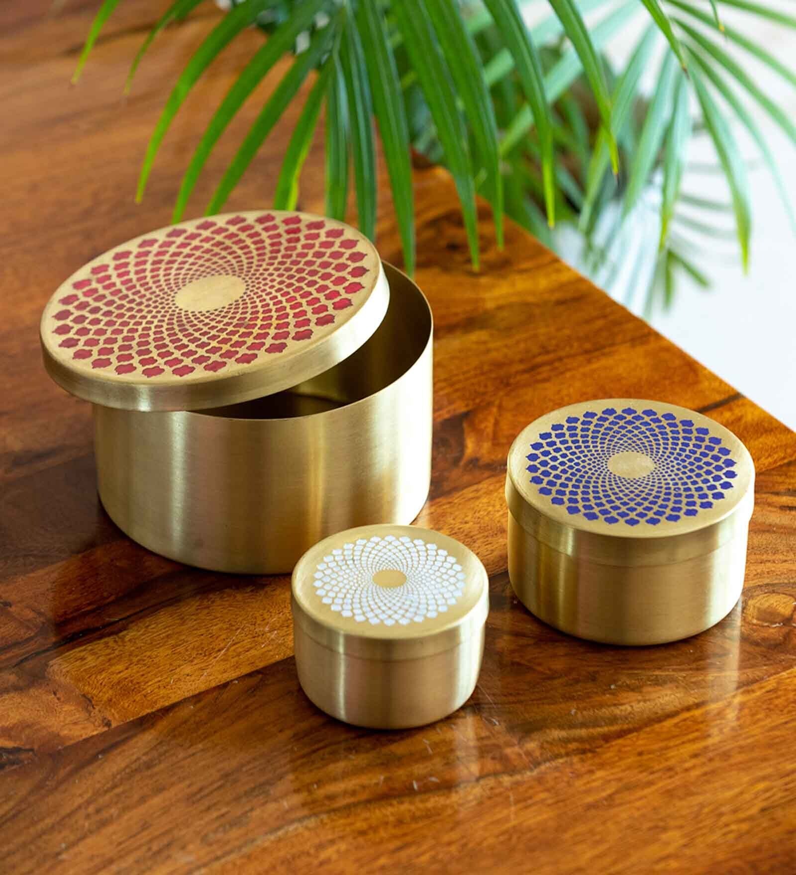 Buy Mughal Arc Hand-Enamelled Multi Utility Brass (Set of 3) Storage ...