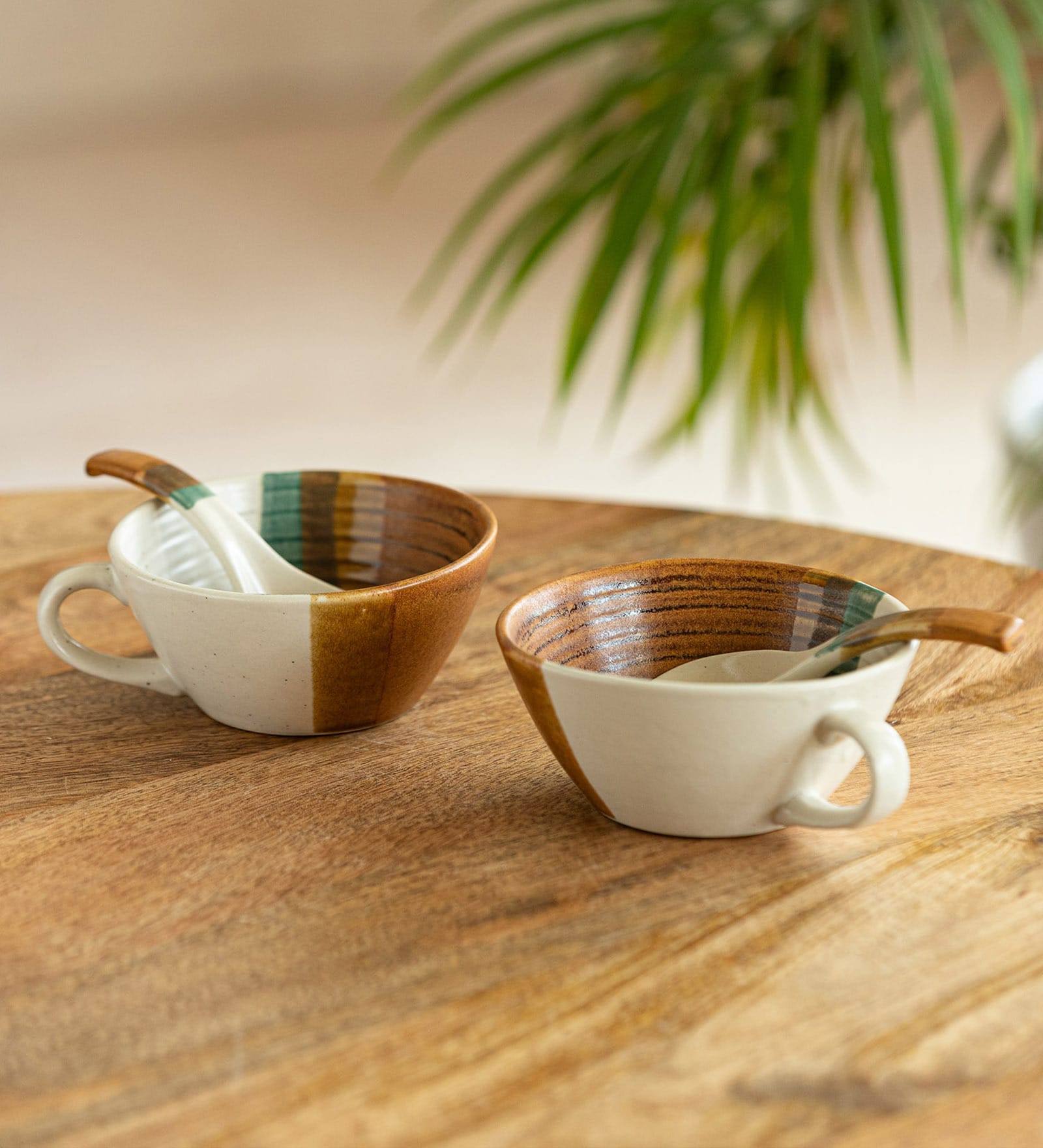 Buy Zen Garden Hand Glazed Ceramic Handled 2 Pcs Soup Bowls With Spoons ...