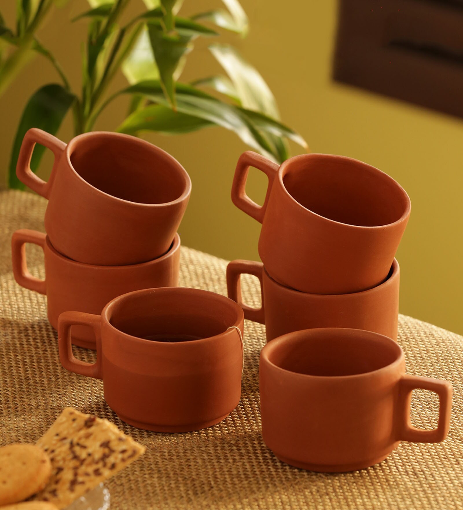 Buy ExclusiveLane Handmade Earthen Clay Cups & Saucer, 250 ML, Set Of 6 ...