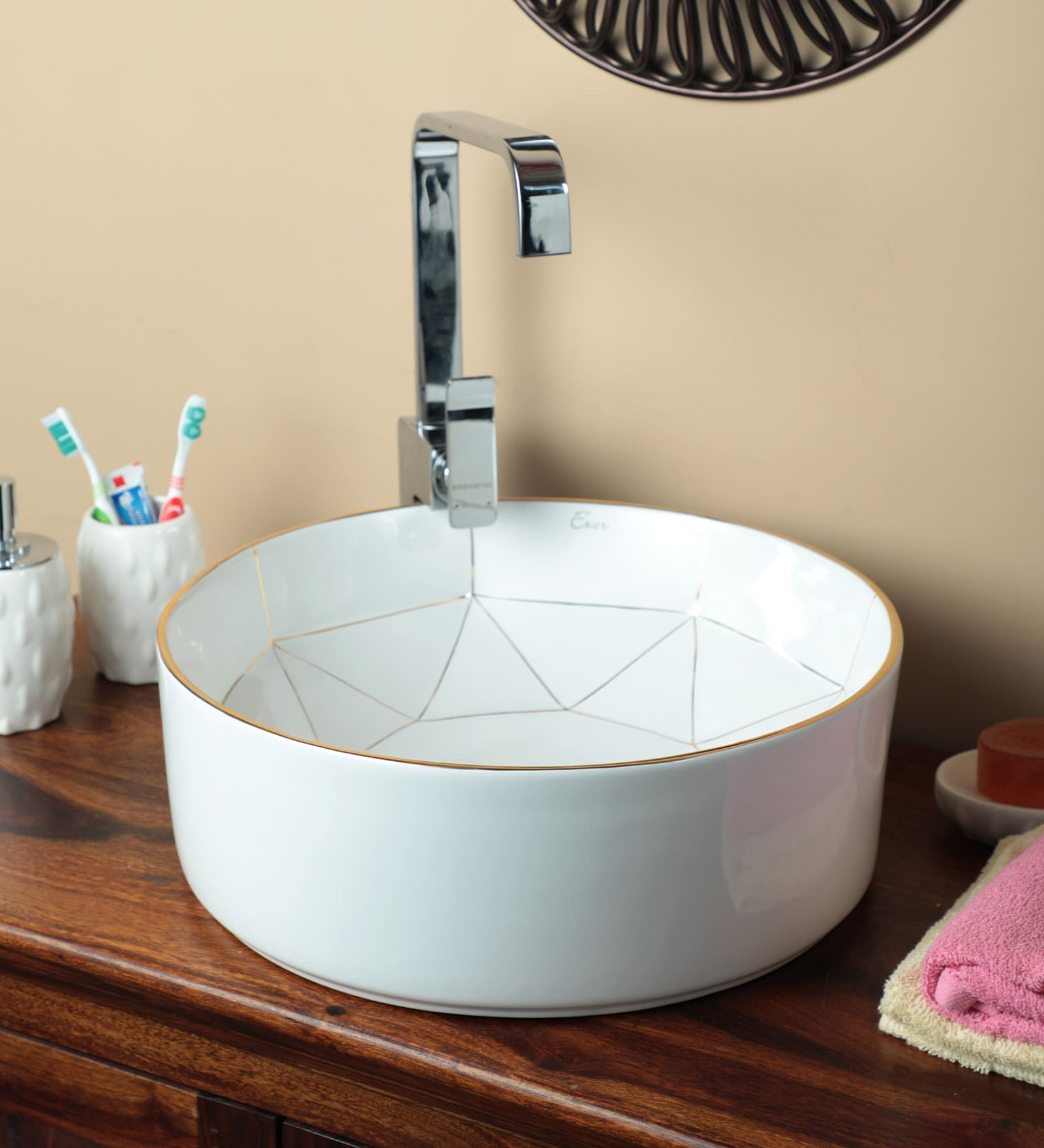 Buy Ceramic Round Shape White Counter Top Wash Basin (H: 5, W: 15, D ...