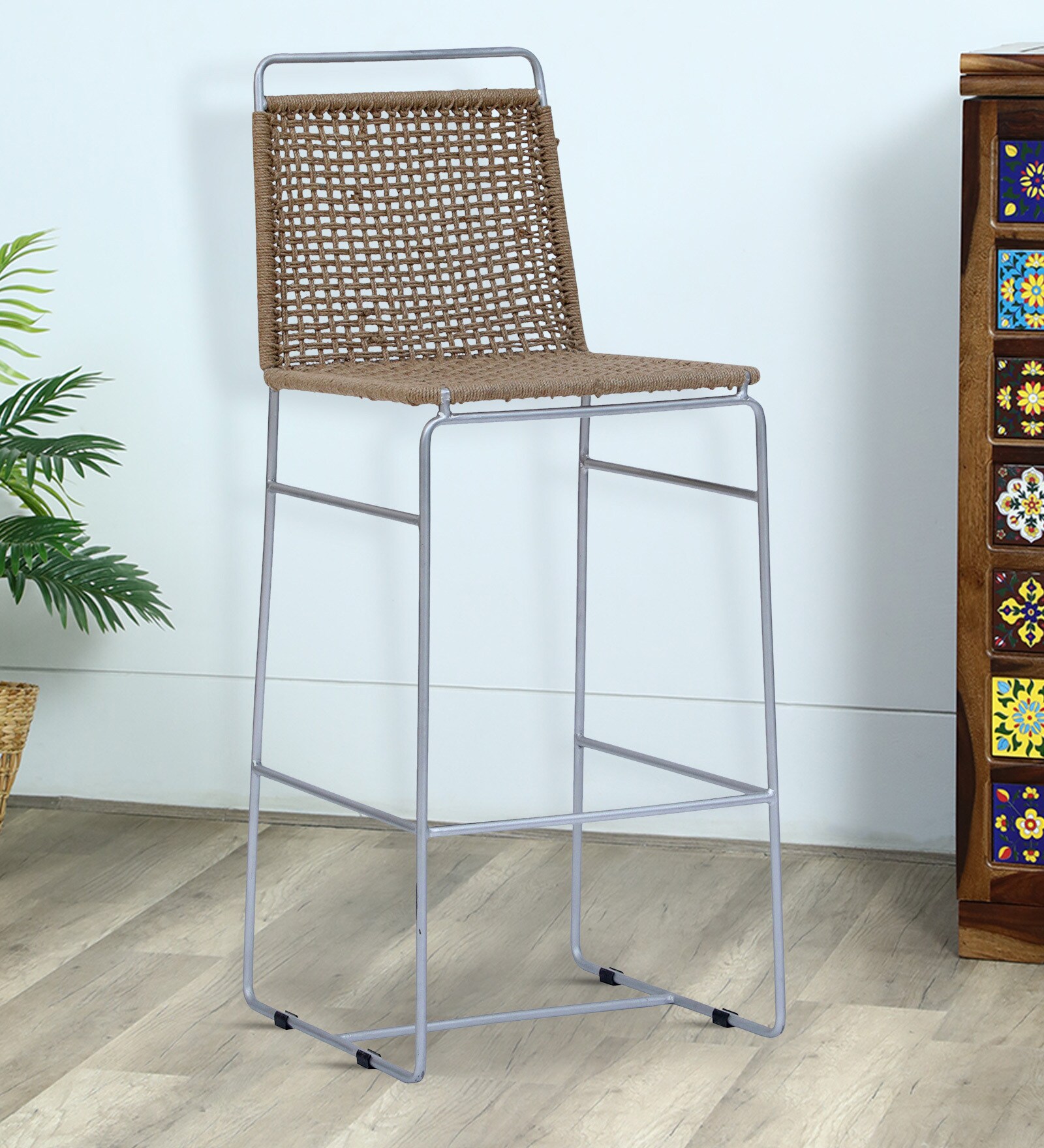 Buy Ezra Bar Stool with Brown Jute On Silver Finish Base at 42% OFF by ...