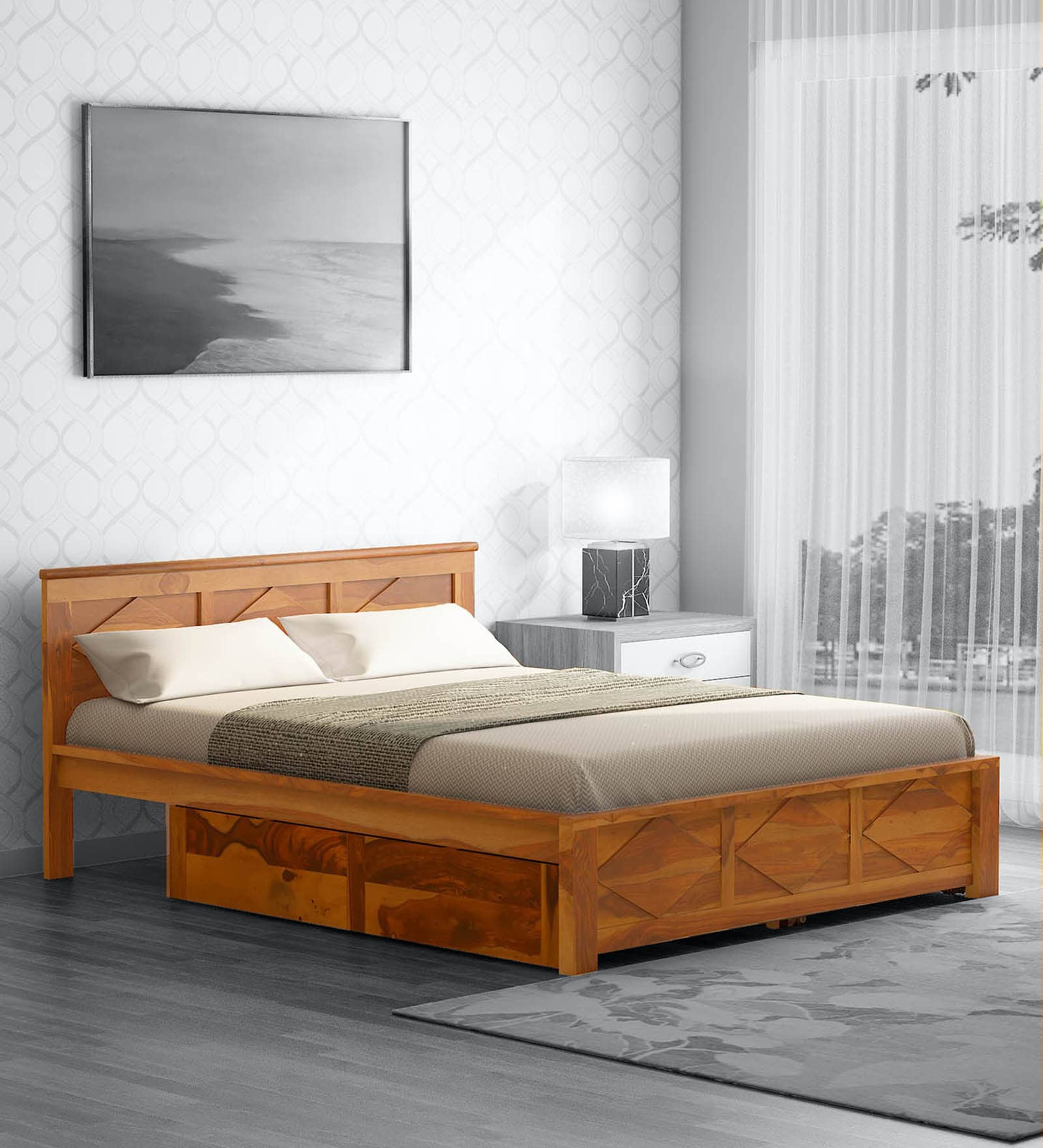 Buy Farrow Sheesham Wood Queen Size Bed With Drawer Storage In Rustic ...