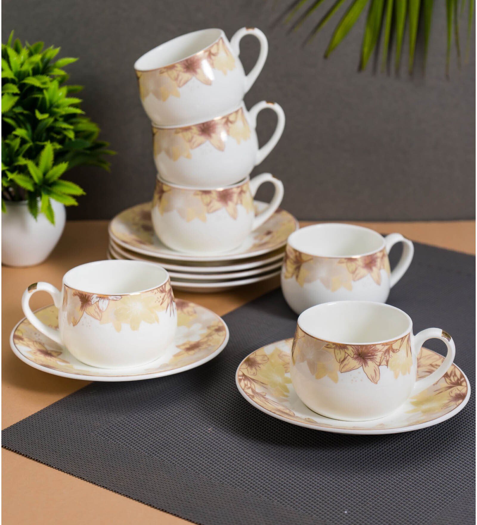 Buy Beige Fine Ceramic Coral Aroma Cup & Saucer Set Of 12 - 160 ml at 6 ...