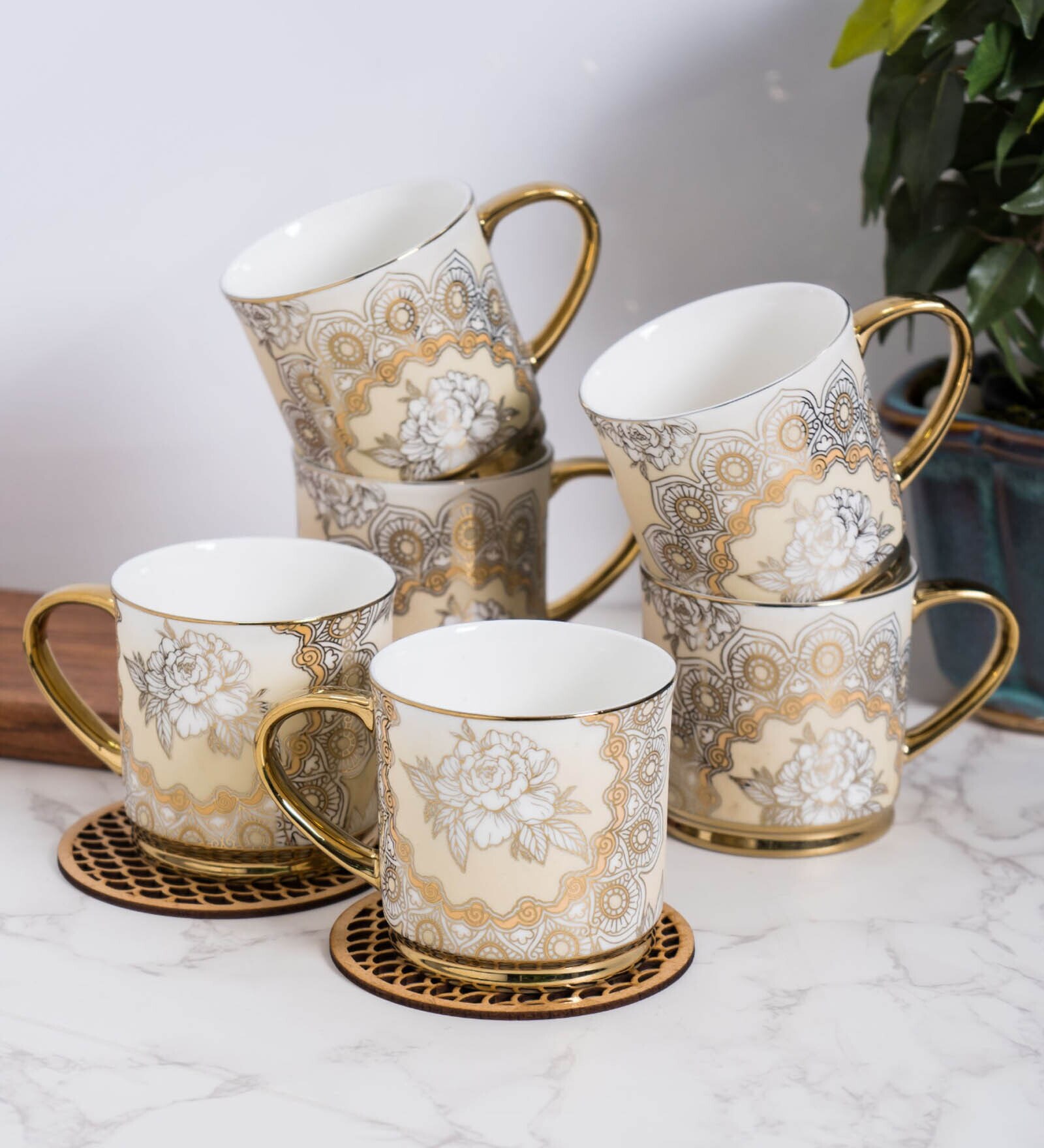 Buy Gold Fine Ceramic Fresco Ebony Tea Cup Set Of 6 - 250 ml each at 7% ...