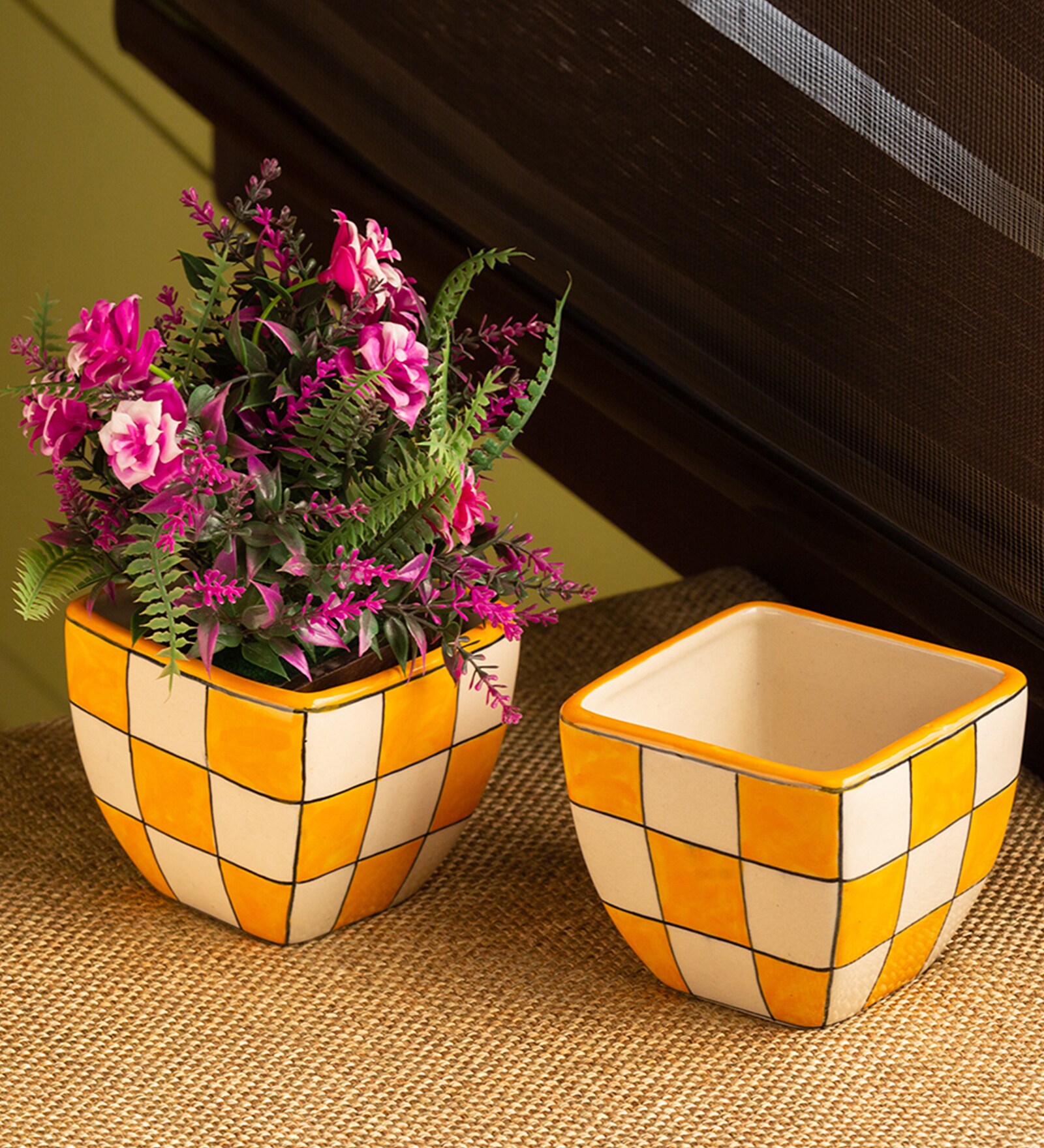 Buy Fire Yellow & Off-White Ceramic Shatranj Checkered Handpainted Desk ...