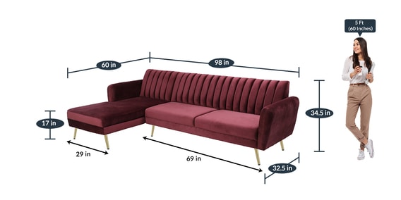 Buy Fidel Velvet Fabric RHS Sectional Sofa In Wine Red Colour By ...