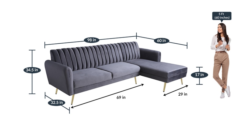 Buy Fidel Velvet Fabric LHS Sectional Sofa In Fossil Grey Colour By Casacraft Online ...