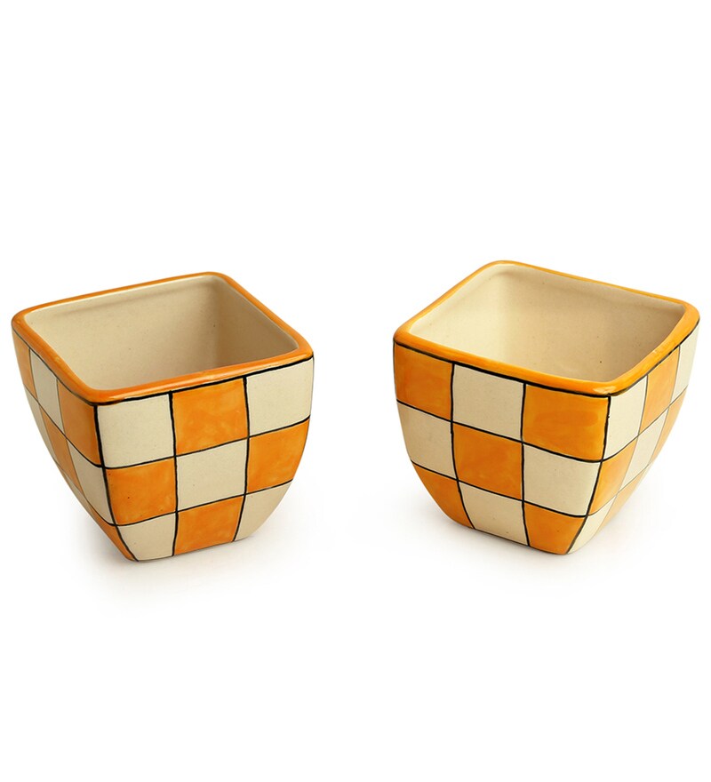 Buy Fire Yellow & Off-White Ceramic Shatranj Checkered Handpainted Desk ...