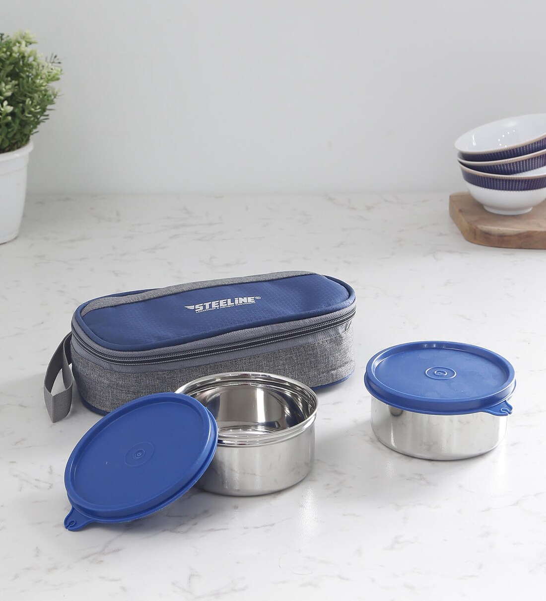 Buy Flexi Blue Stainless Steel 2Pcs Container Lunch Box With Carry ...