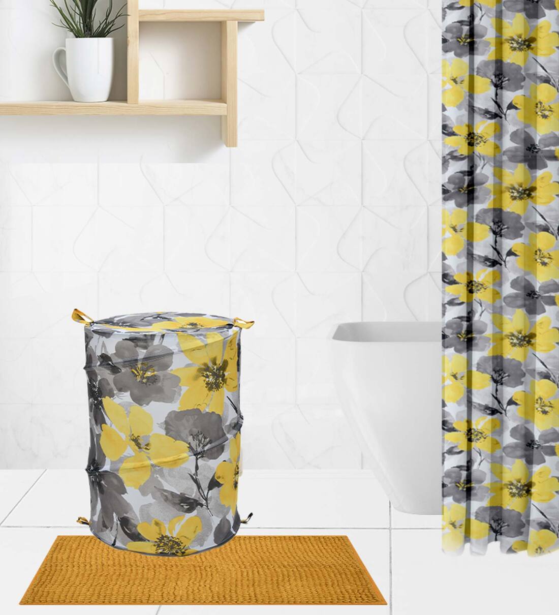 Buy Floral (Set of 15) Mustard Polyester Bath Uitility Hamper by @home ...