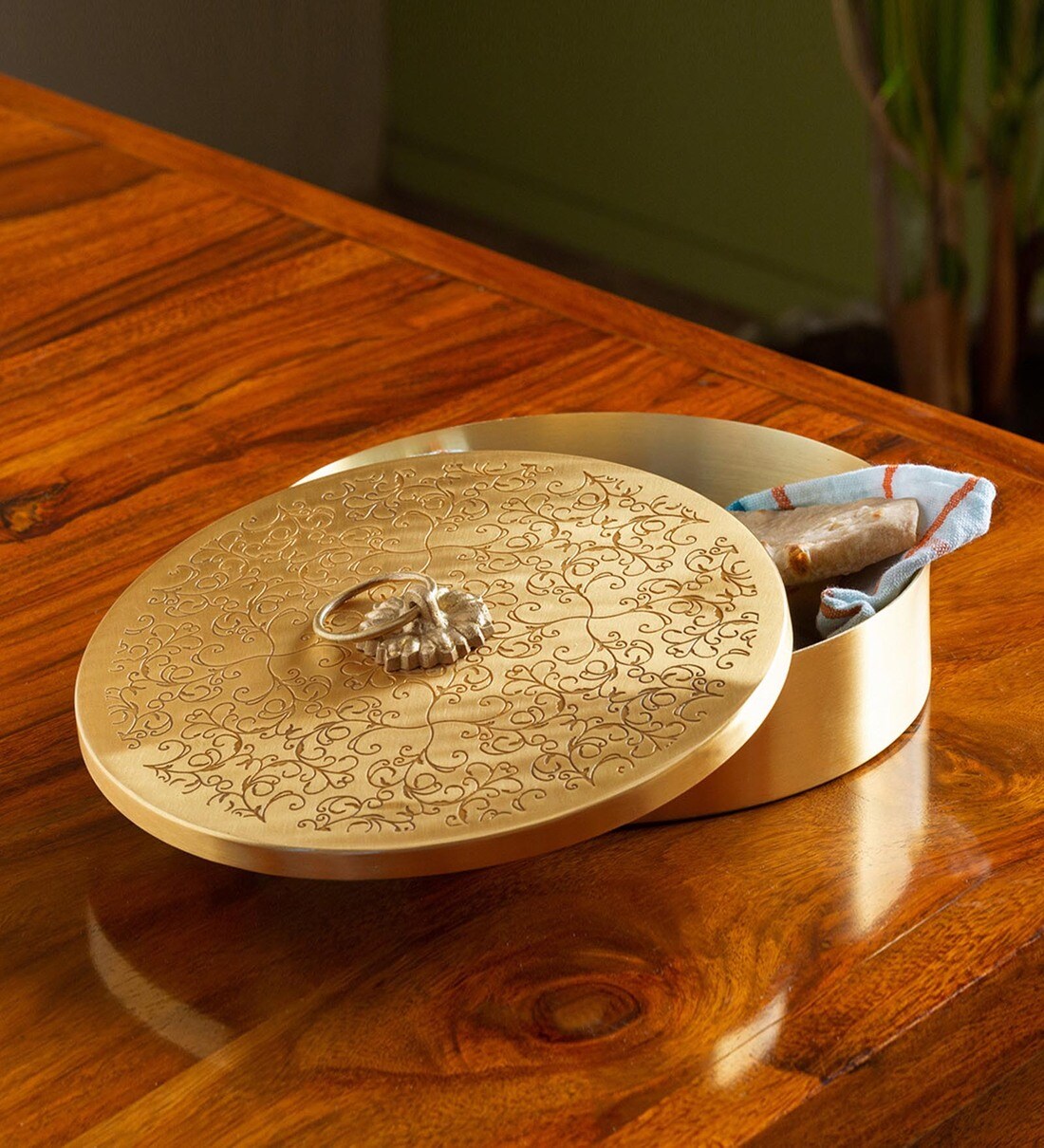 Buy Floral-Etched Brass Roti Cassrole by ExclusiveLane Online ...