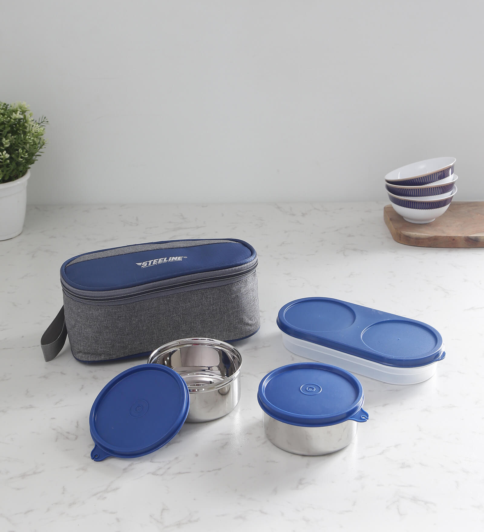 Buy Flexi Blue Stainless Steel 3Pcs Container Lunch Box With Carry ...