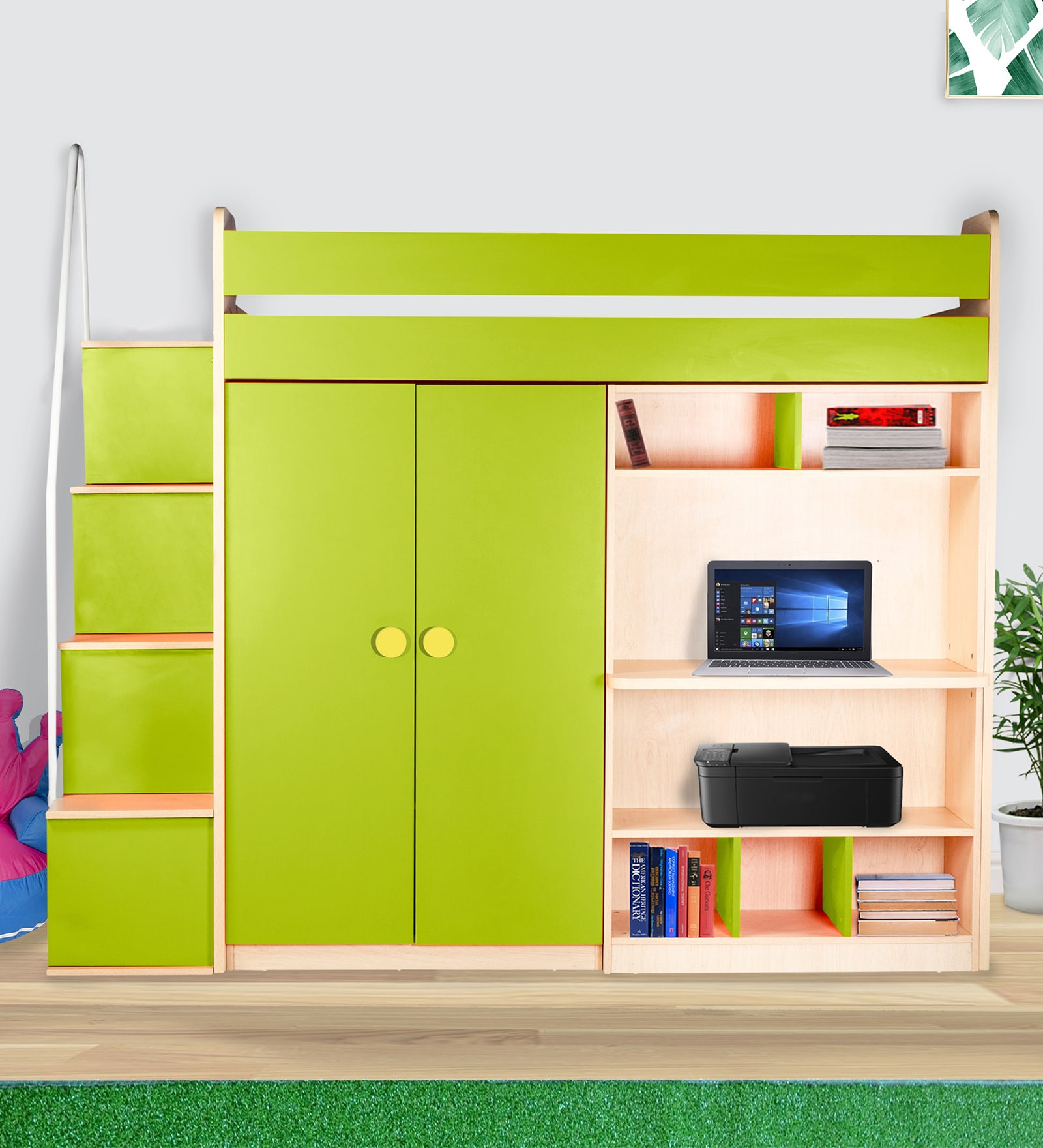 Buy Combi Kids Bed in Green Colour with Wardrobe and Study Table at 21% ...