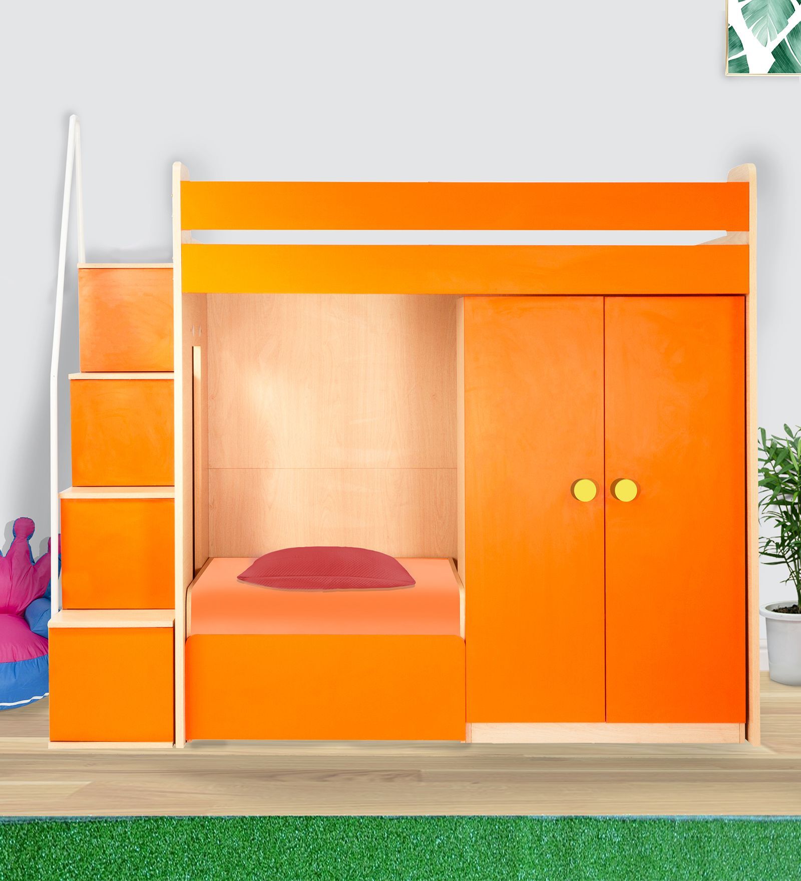 Buy Combi Bunk Bed in Orange Colour with Drawer Storage and Wardrobe at ...