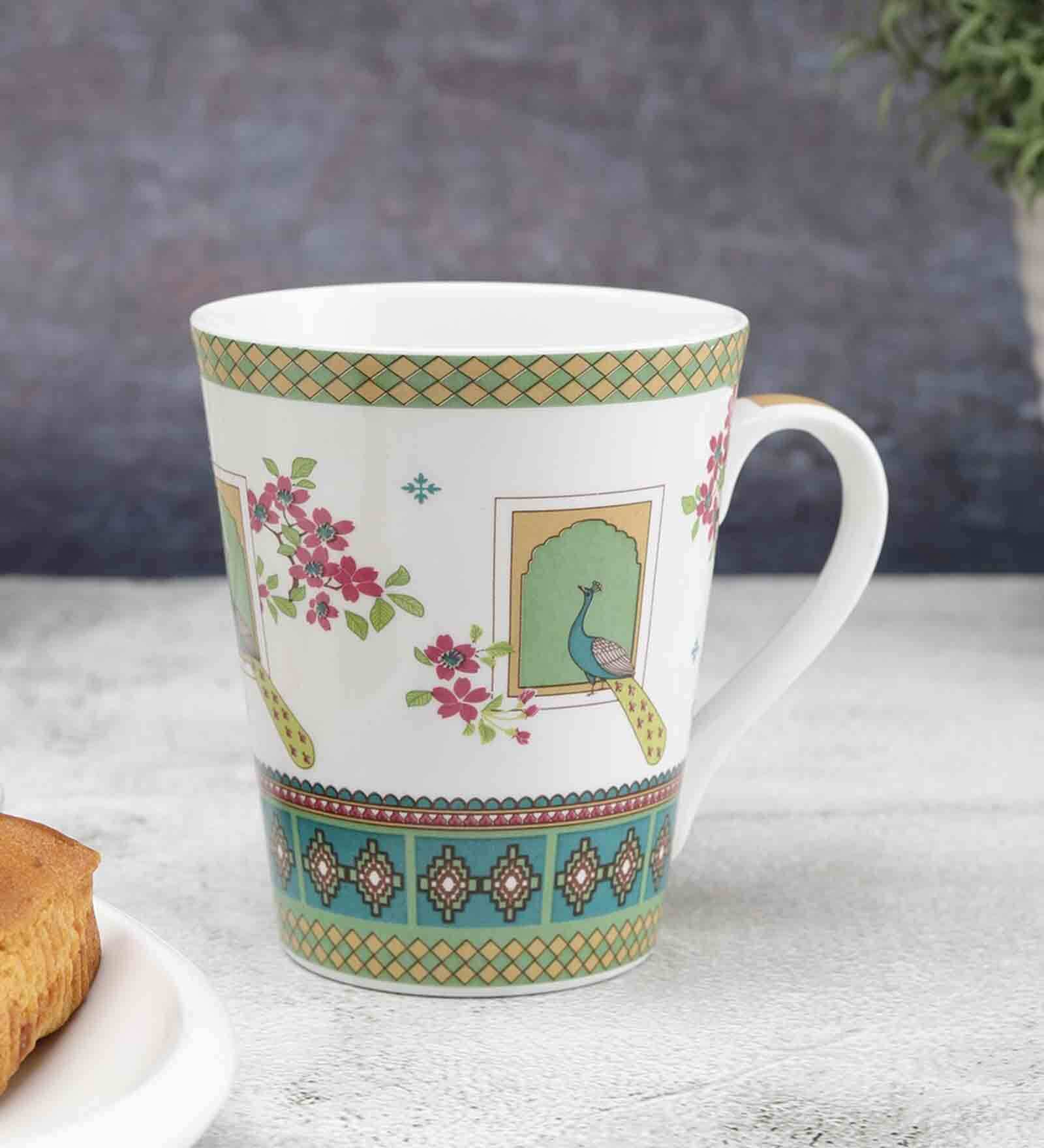 Buy Floral 380ml White & Green Ceramic (Set of 2) Coffee Mug at 35% OFF by India Circus by ...