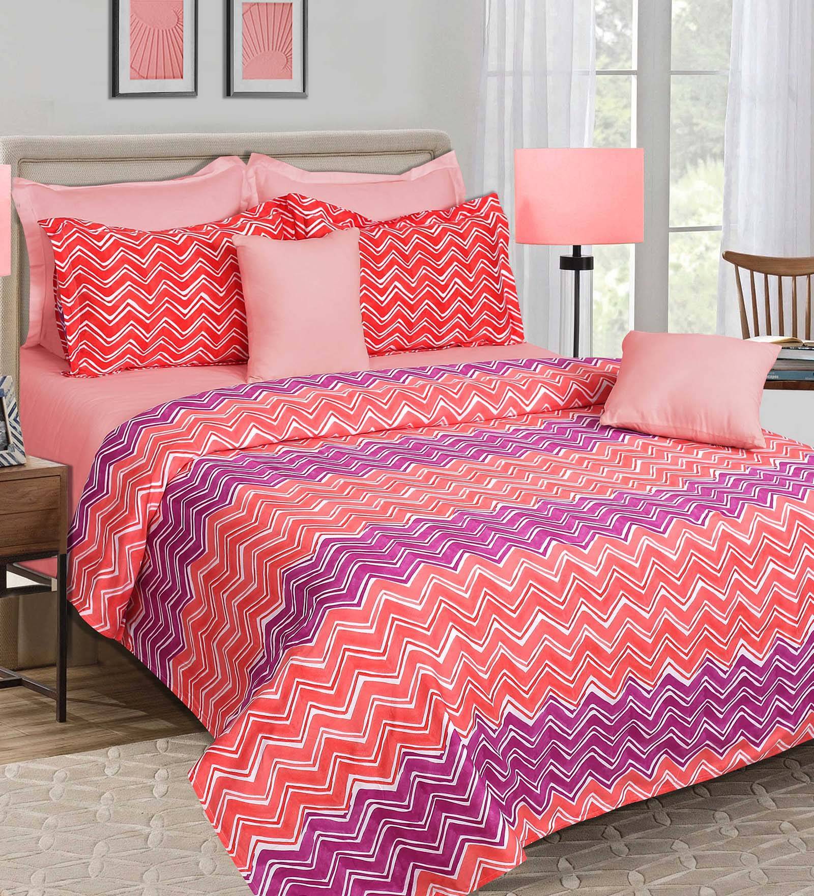 Buy Pink Geometric 250 Tc Cotton 1 Double King Size Bedsheet With 2