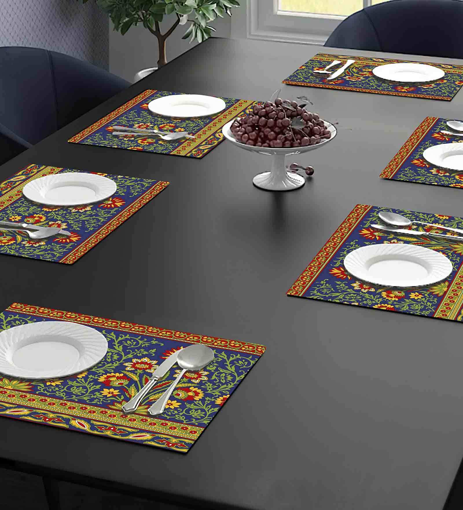 Buy Floral Blue Satin 18 X 13 Inches Placemats (Set of 6) by Ambbi ...