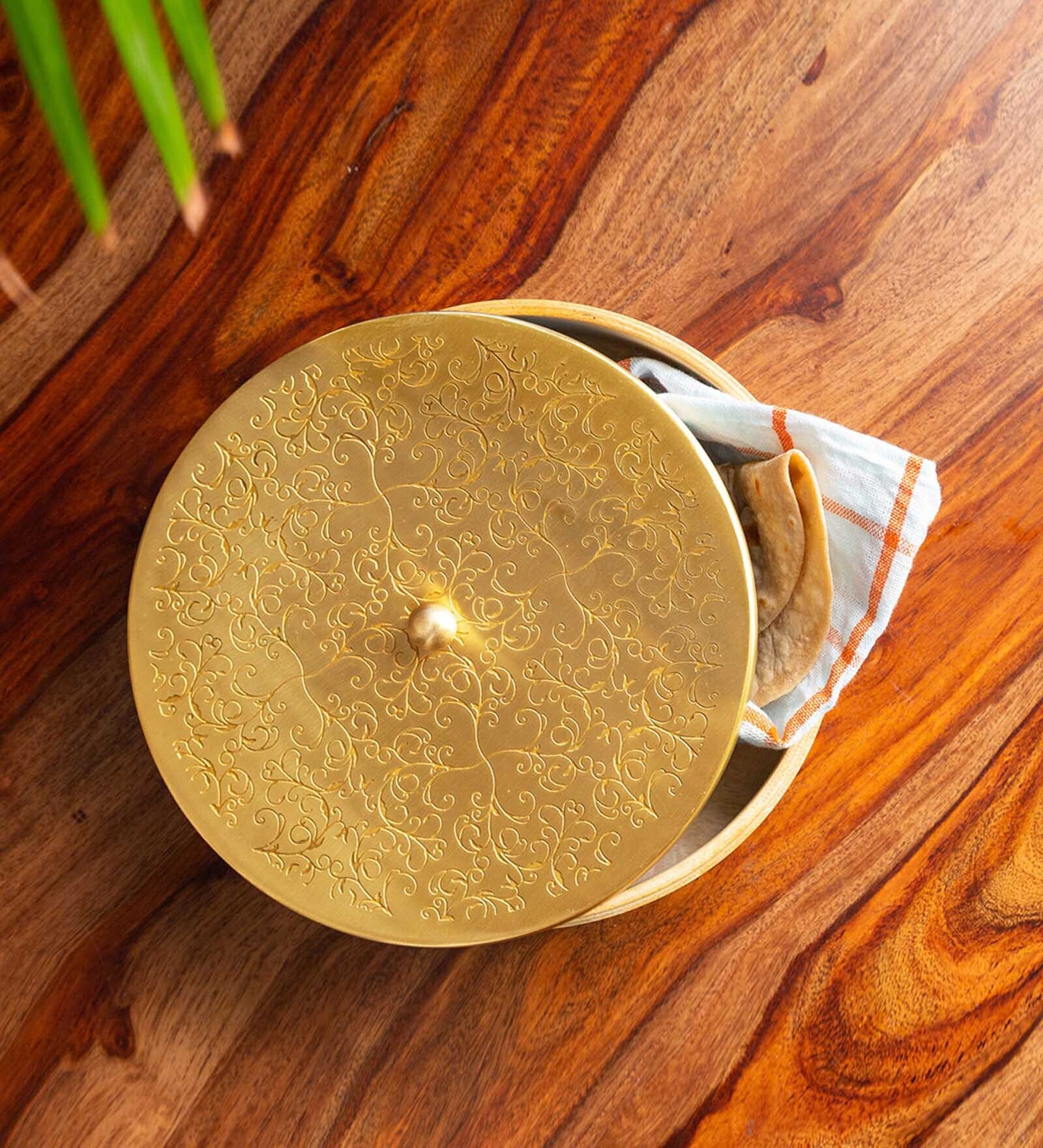 Buy Floral-Etched Brass Roti Cassrole with Mango Wood Lid by ...