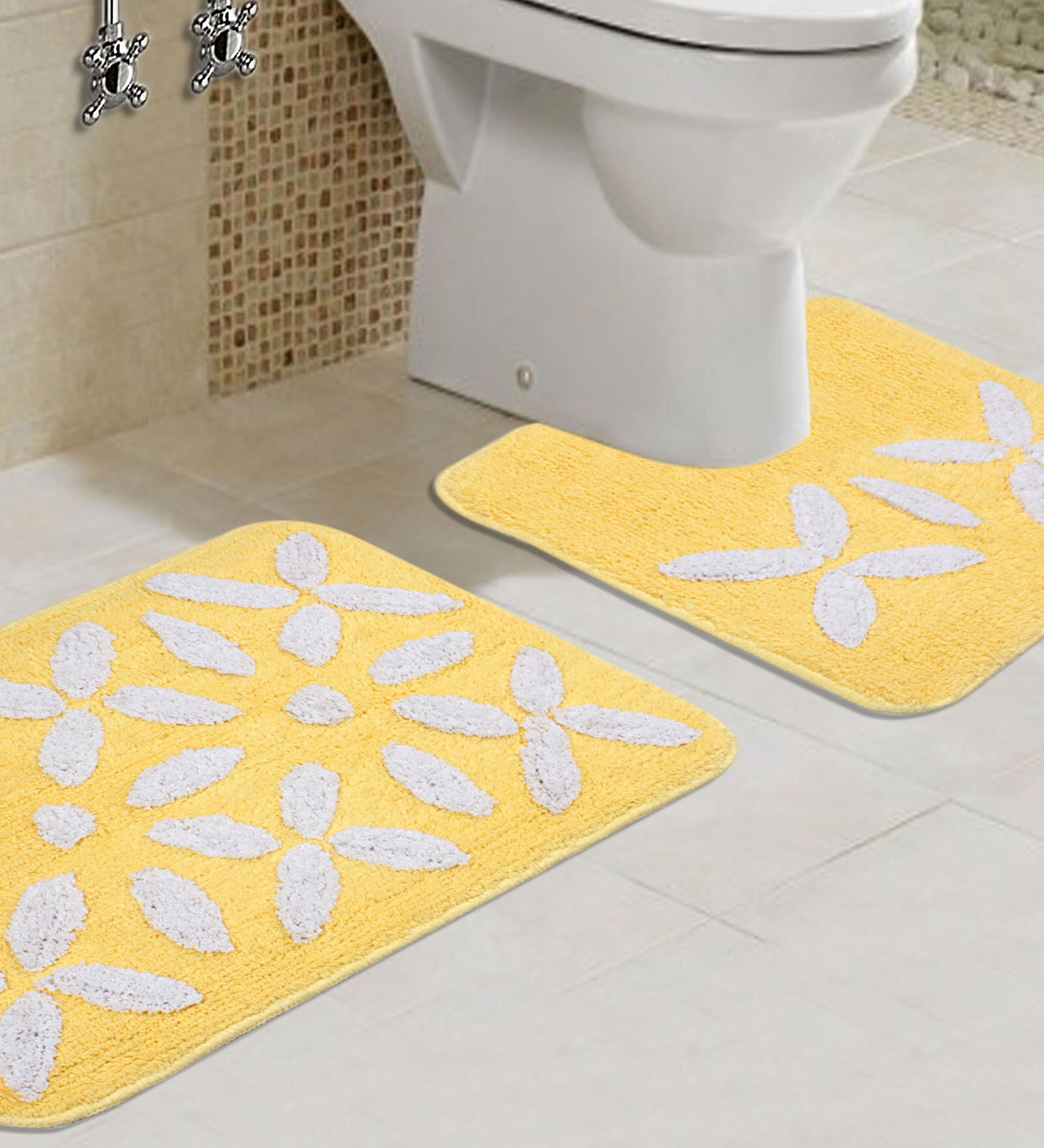 Buy Yellow Floral Cotton 24x16 Inches Max Absorbant Bath Mat (Set of 2 ...