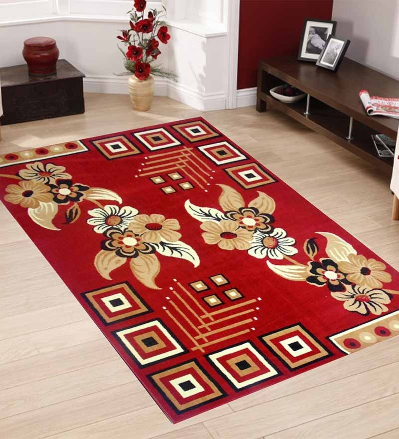 Buy Red Floral Polyester 3 ft x 5 ft Machine Made Carpet at 20% OFF by ...