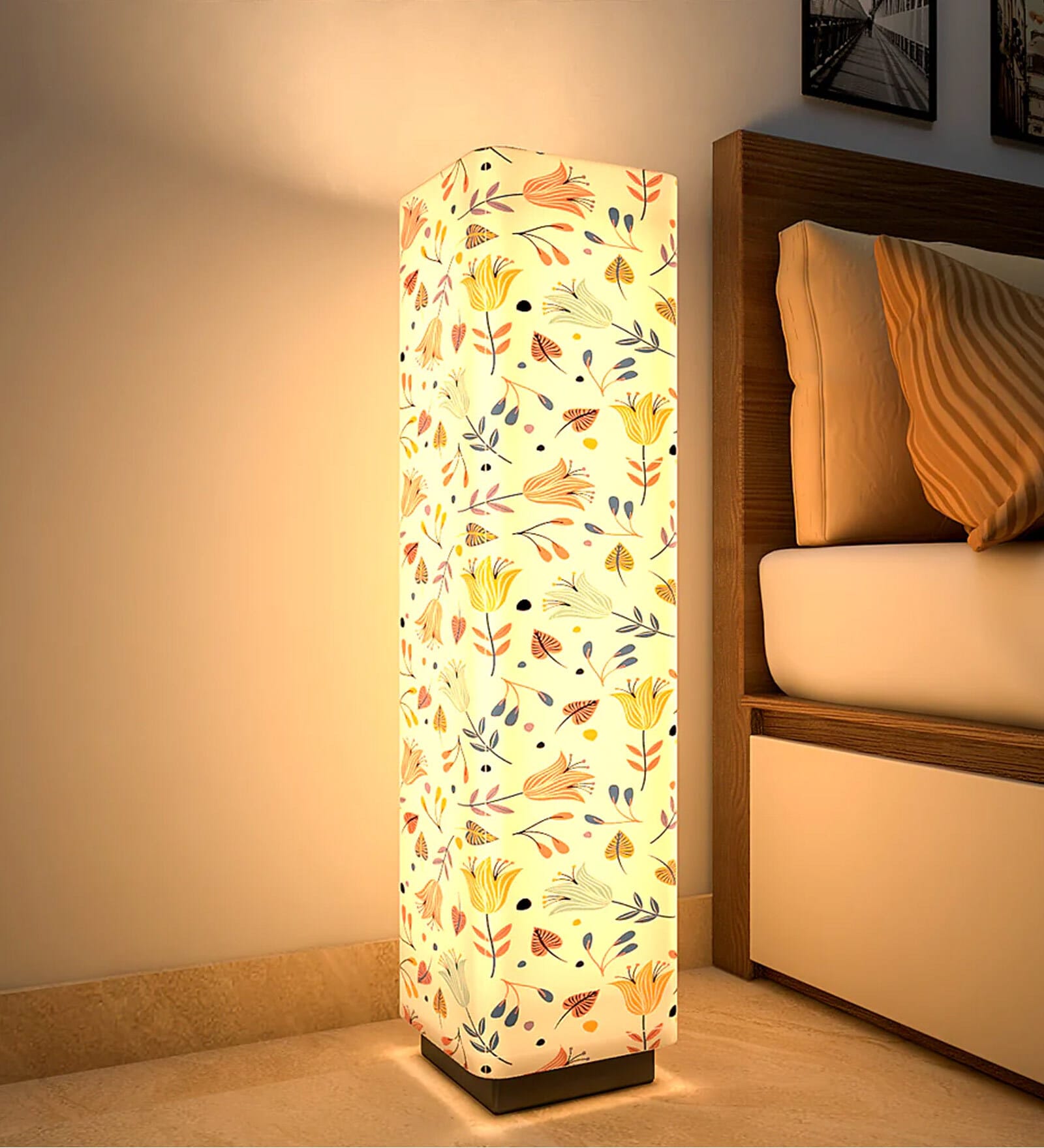 Buy Flowy Tulips Printed Rectangle Multicolour Iron & Canvas Floor Lamp ...
