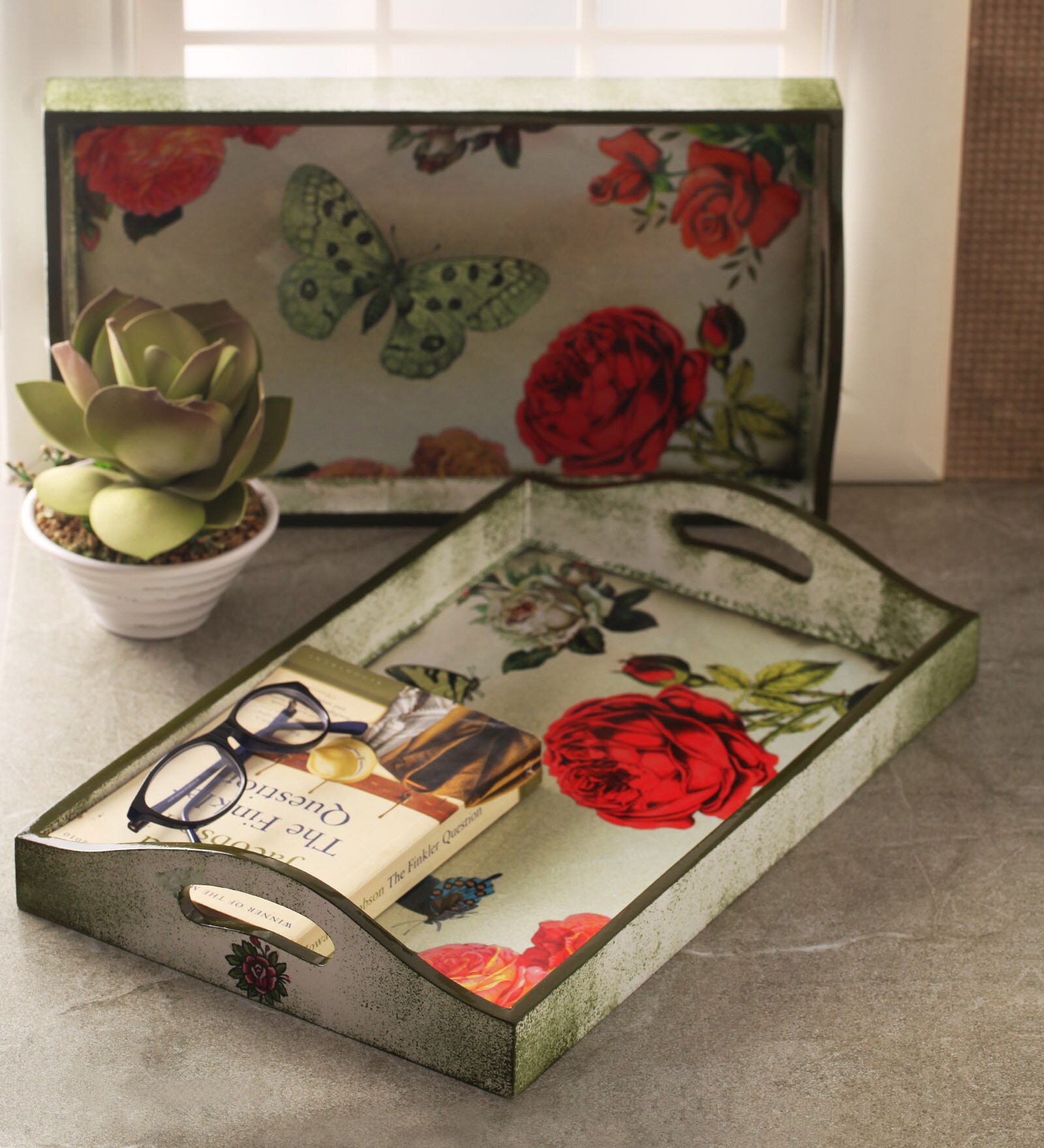 Buy Fluke Design Company White MDF Floral Decoupage Tray - Set of 2 ...