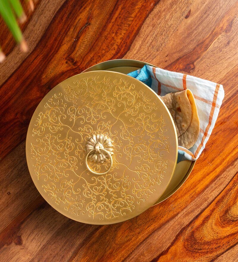 Buy Floral-Etched Brass Roti Cassrole by ExclusiveLane Online ...