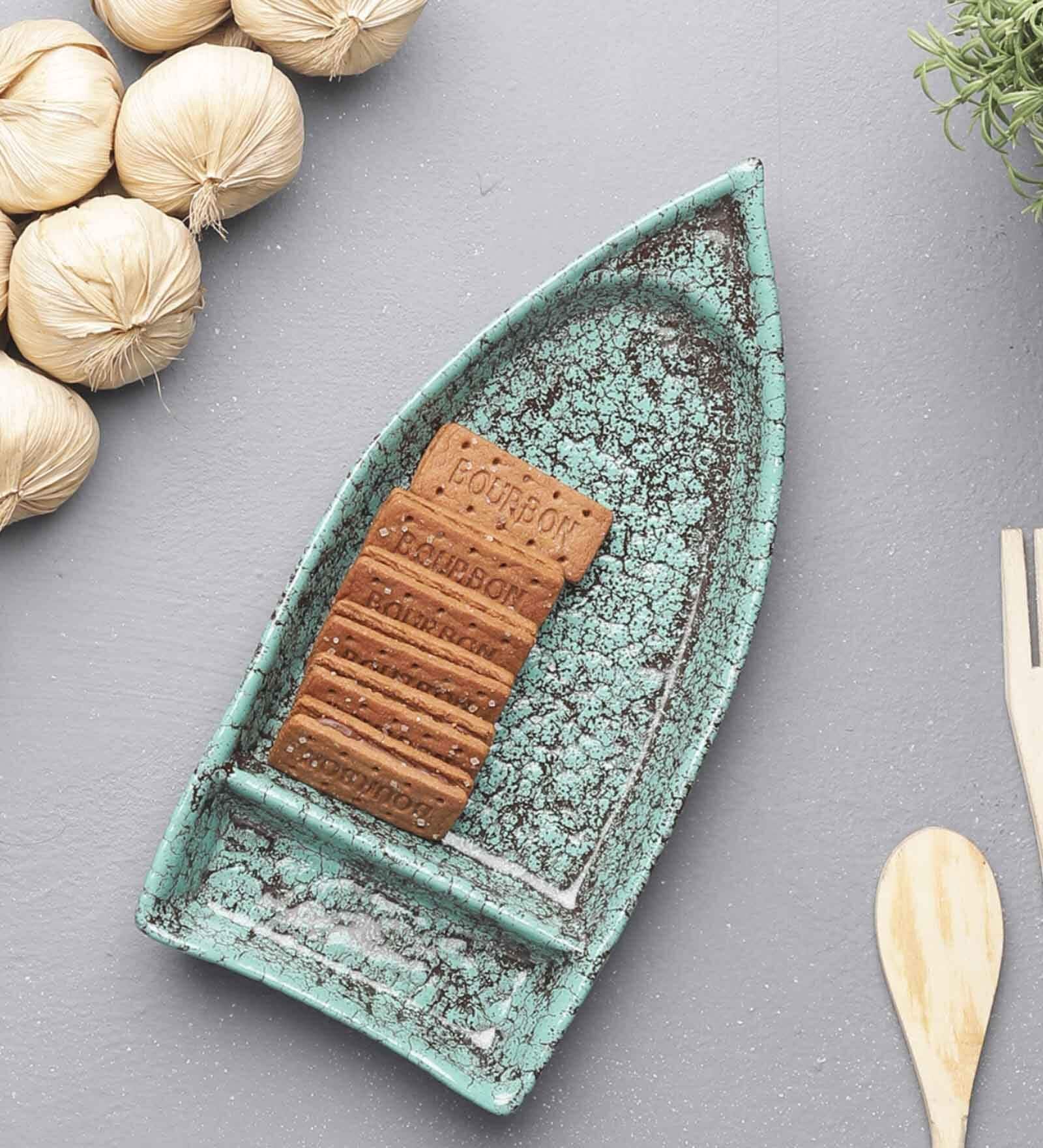 Buy Foliage Green Ceramic Boat Shaped Serving Platter at 36% OFF by ...