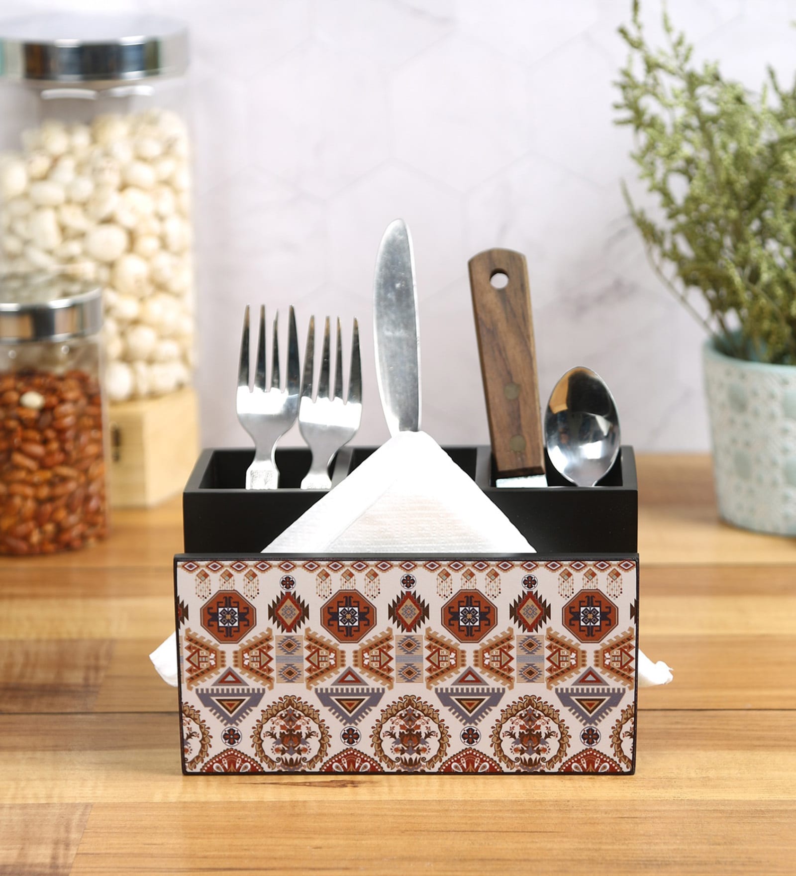Buy Folk Ornament Multicolor MDF Cutlery and Tissue Holder at 27% OFF ...
